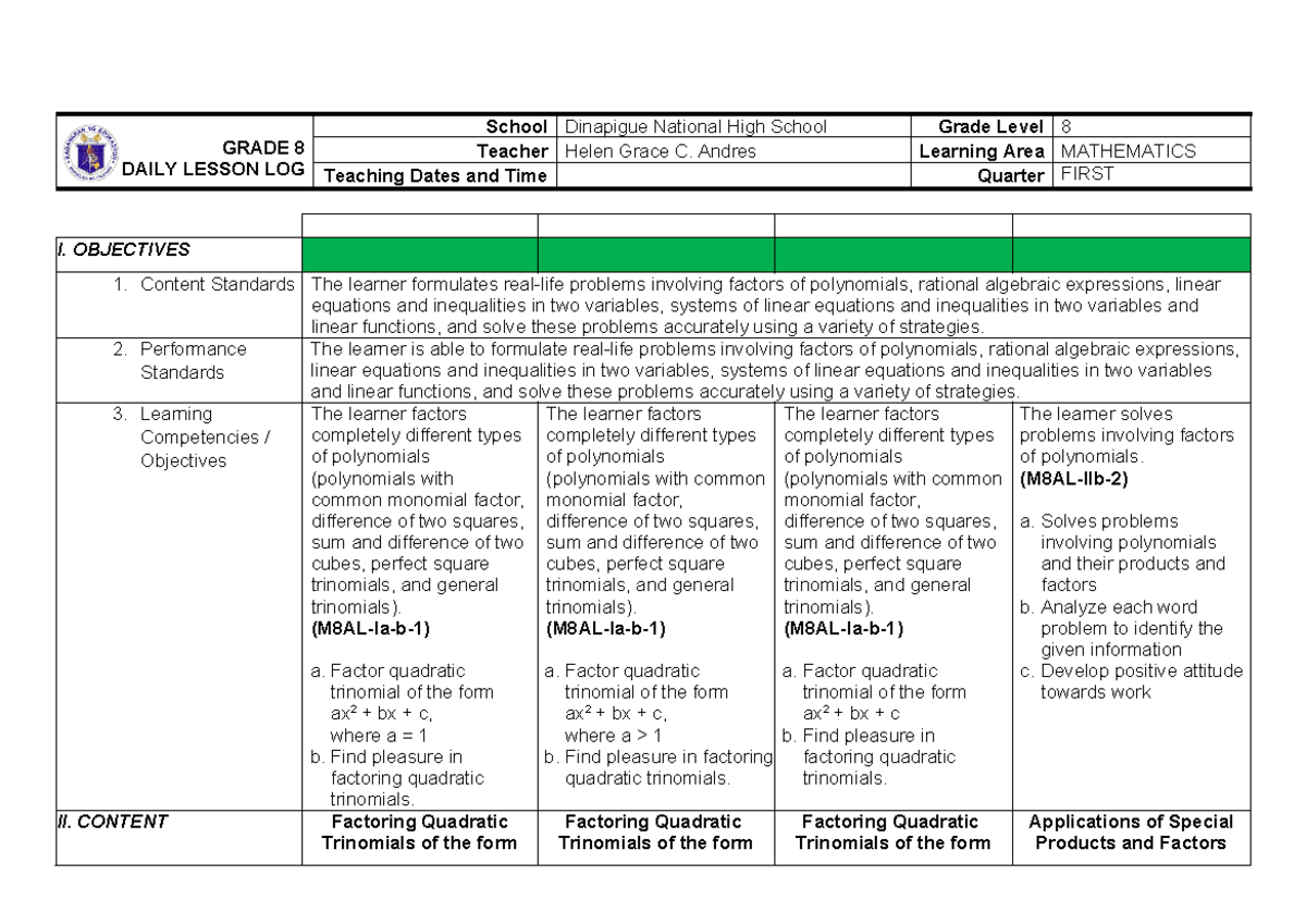 Lesson Plan for Mathematics 8 - GRADE 8 DAILY LESSON LOG School ...