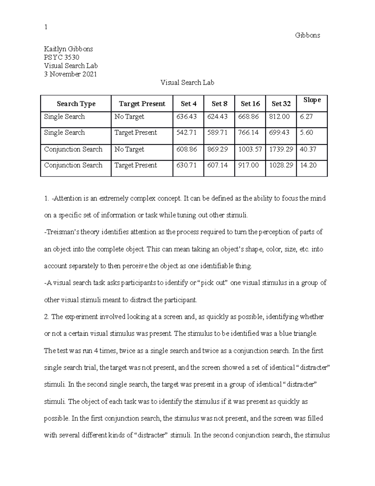 Visual Search Lab - 1 Gibbons Kaitlyn Gibbons PSYC 3530 Visual Search ...