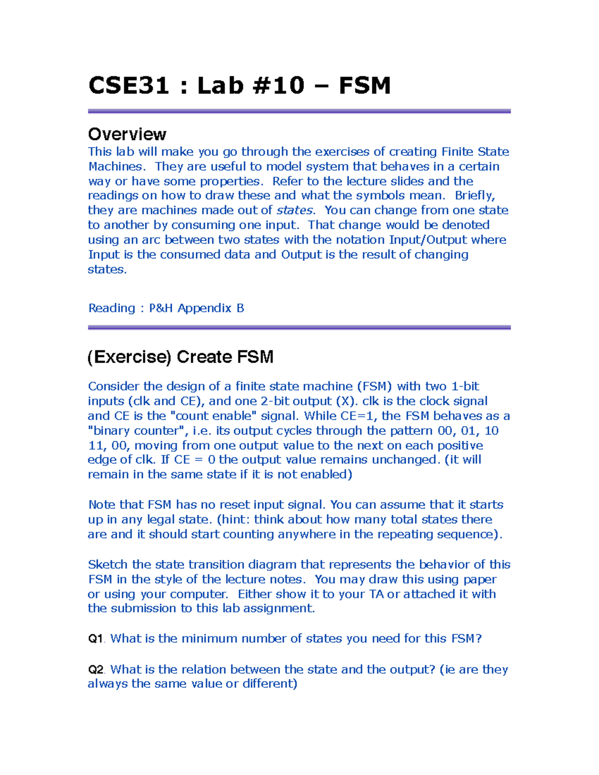 CSE31 lab10 - Instructor: Chi Yan Leung - CSE31 : Lab #1 0 – FSM Overview This lab will make you ...