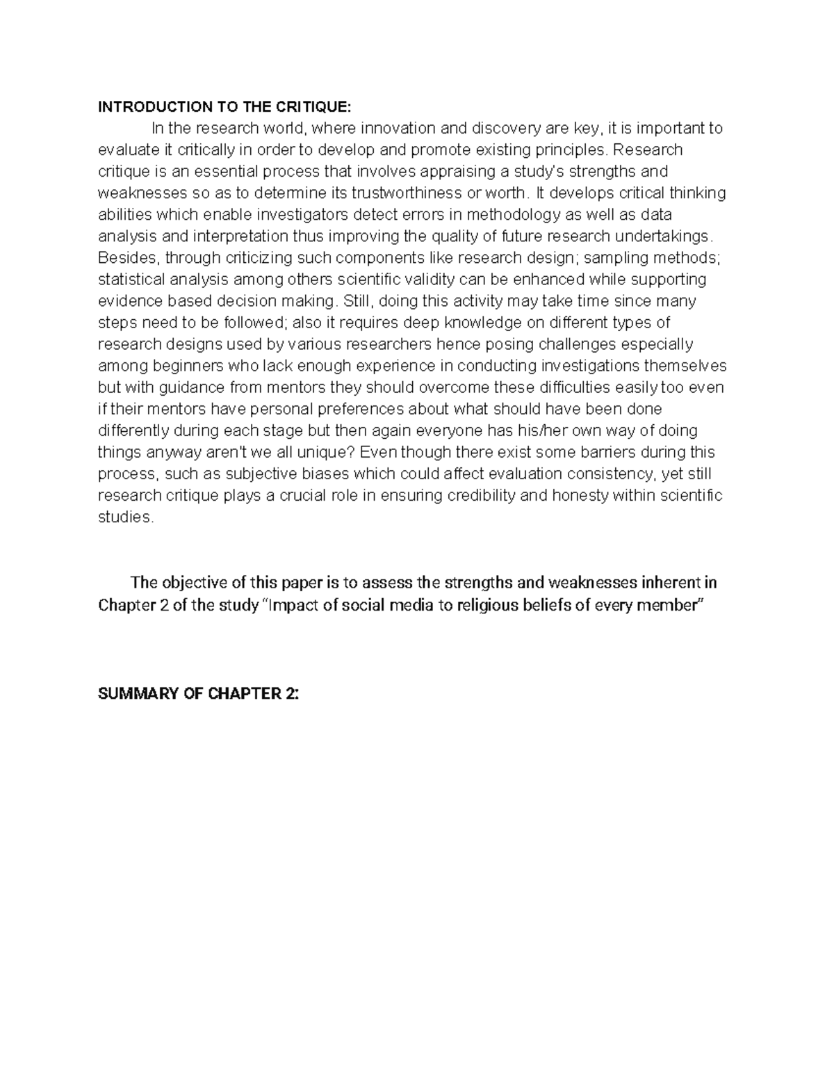 Introduction TO THE Critique - INTRODUCTION TO THE CRITIQUE: In the ...