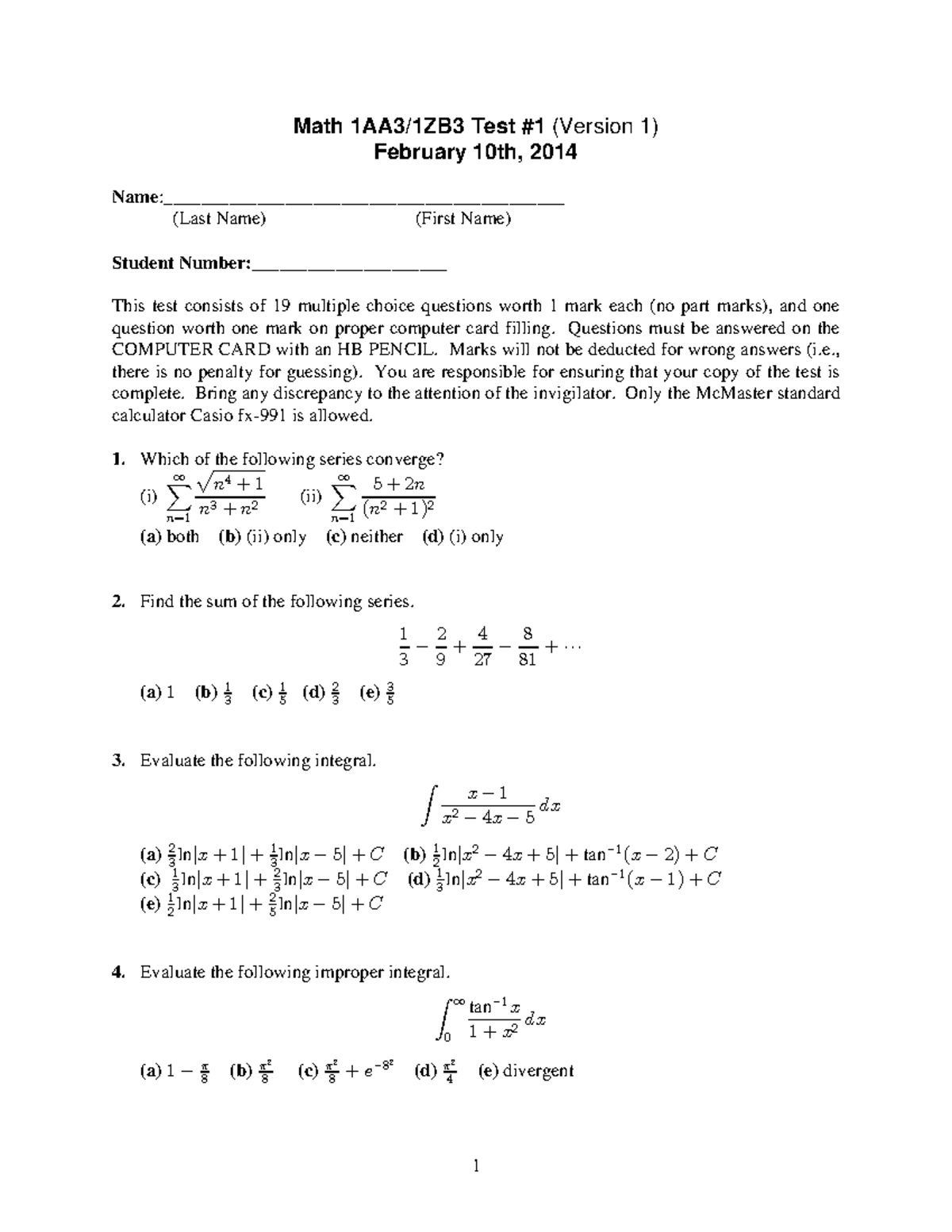 Test 1 January 2014, answers - Math 1AA3/1ZB3 Test #1 (Version 1 ...
