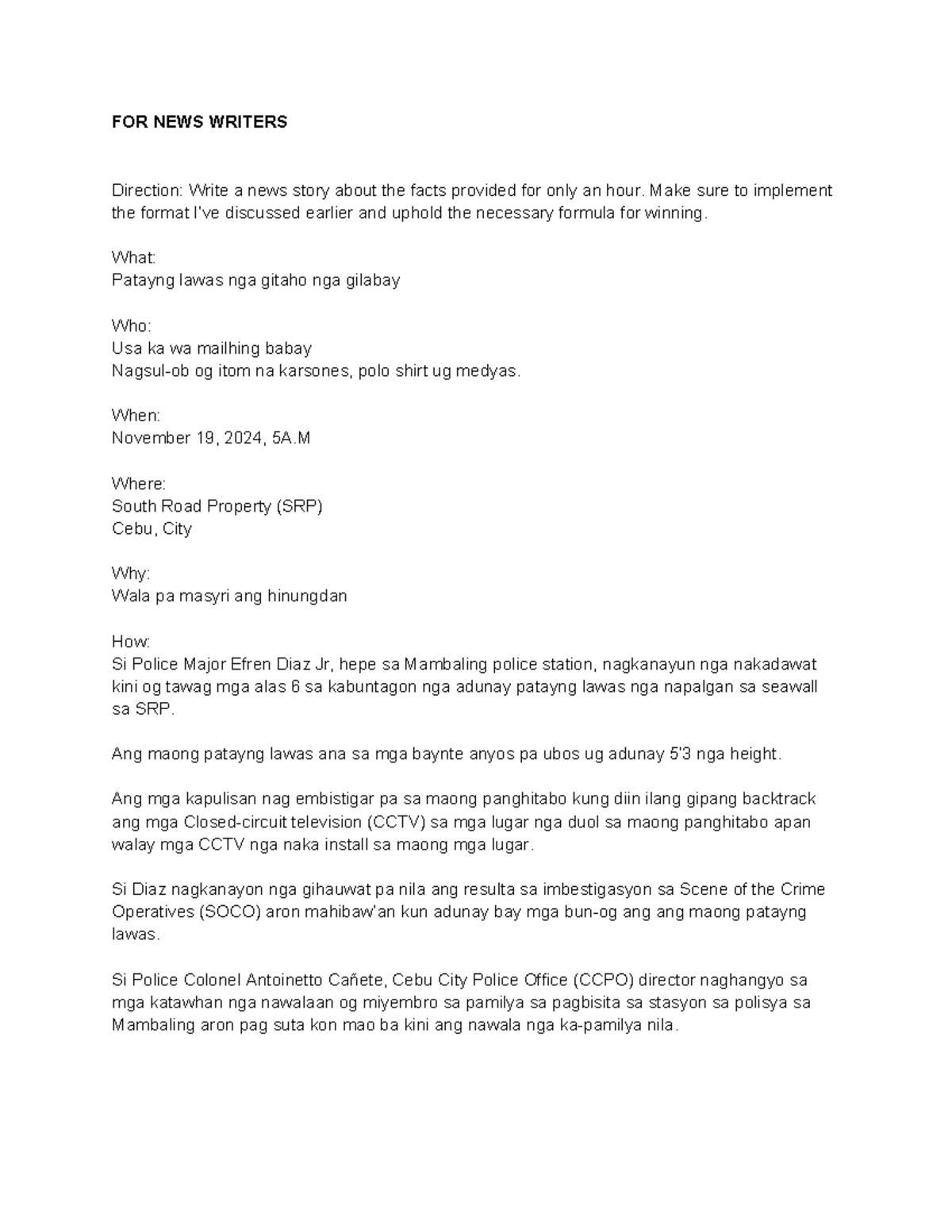 News Writing - Fact Sheet - FOR NEWS WRITERS Direction: Write a news ...