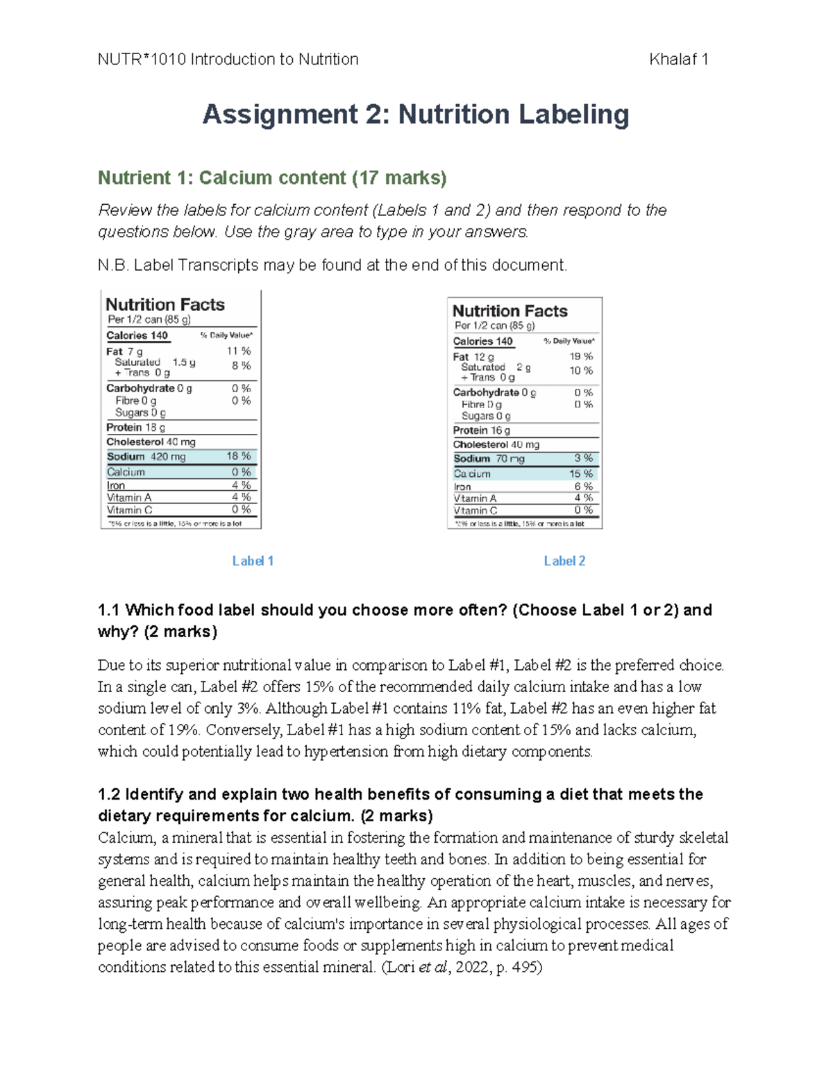 NUTR*1010 Assignment 2 - Assignment 2: Nutrition Labeling Nutrient 1: Calcium content (17 marks ...