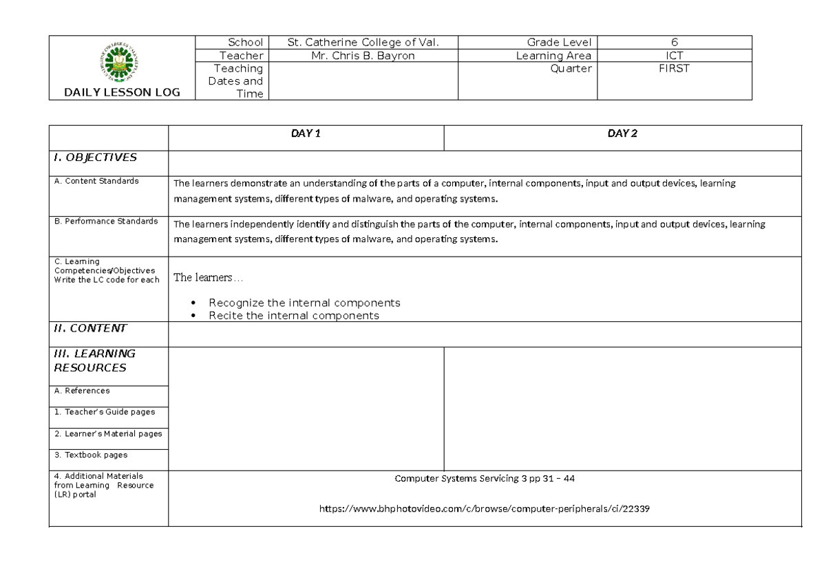 DLL-G6-ICT-Q1-W2 - F - DLL for grade 6 week 2, quarter 1 - DAILY LESSON ...