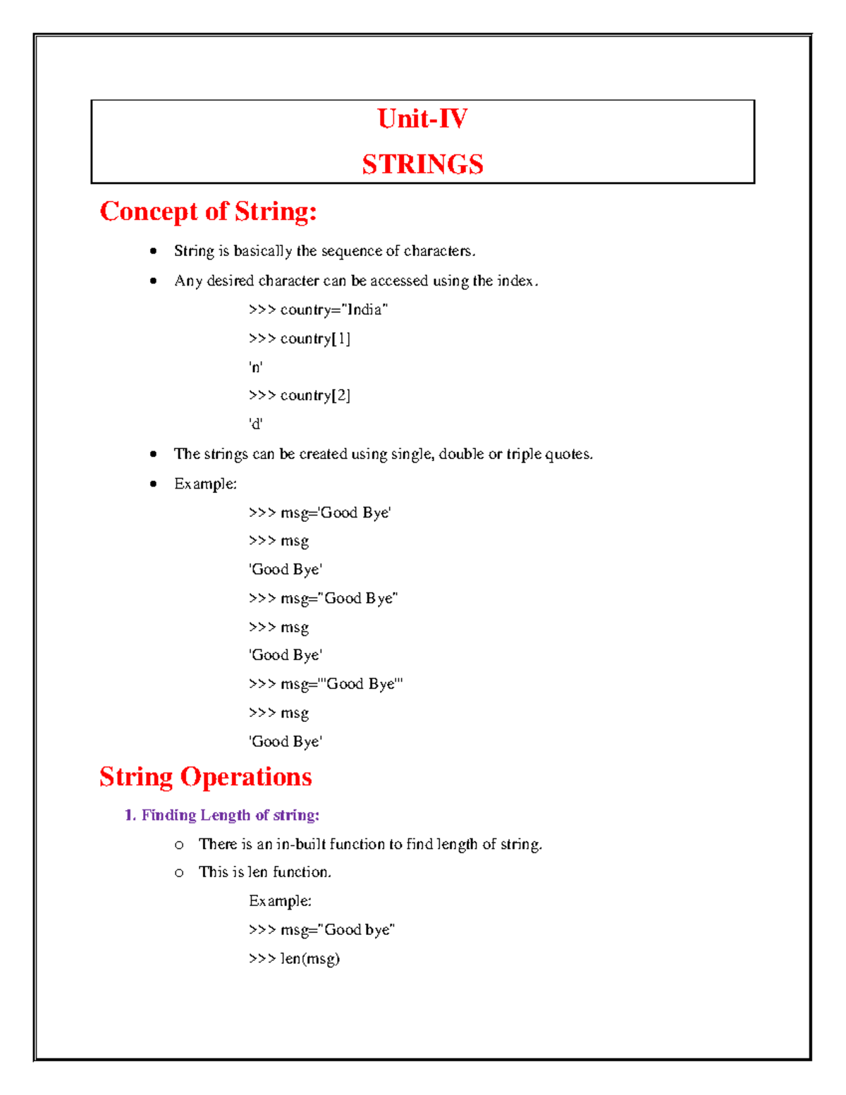 627247 cdc2466 - Unit-IV STRINGS Concept of String: String is basically ...