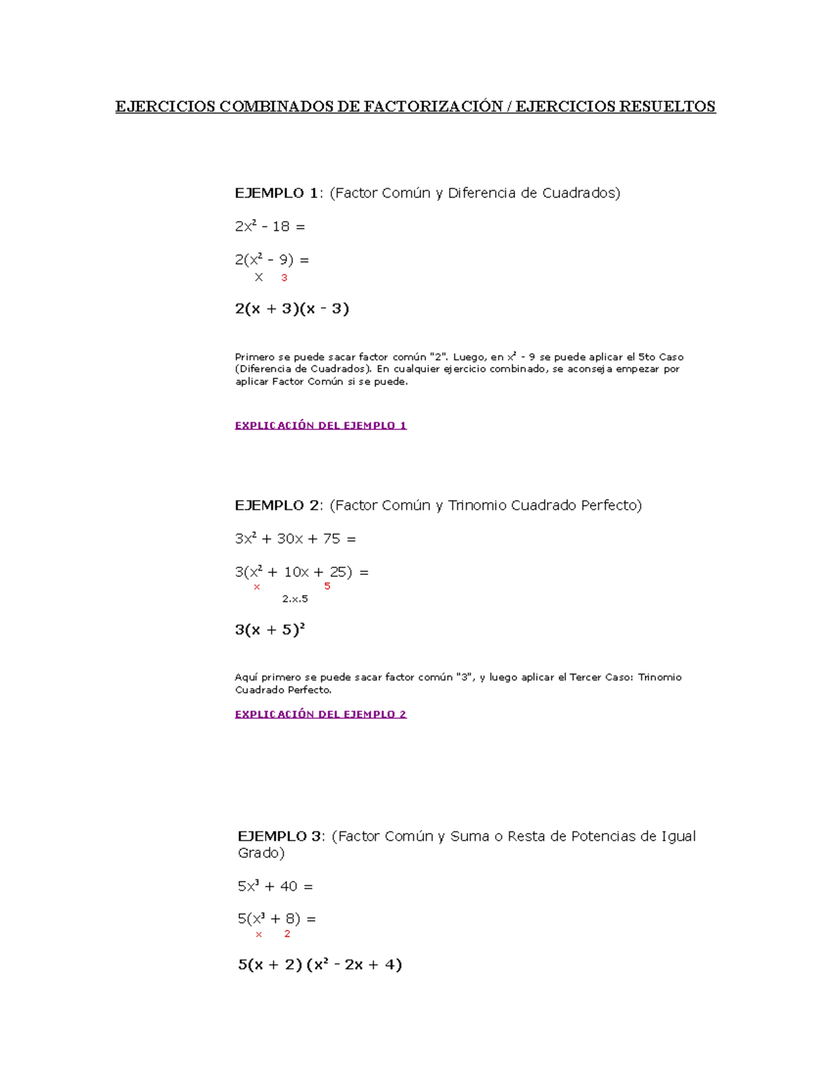 Scribd - fac - EJERCICIOS COMBINADOS DE FACTORIZACIÓN / EJERCICIOS RESUELTOS EJEMPLO 1: (Factor ...
