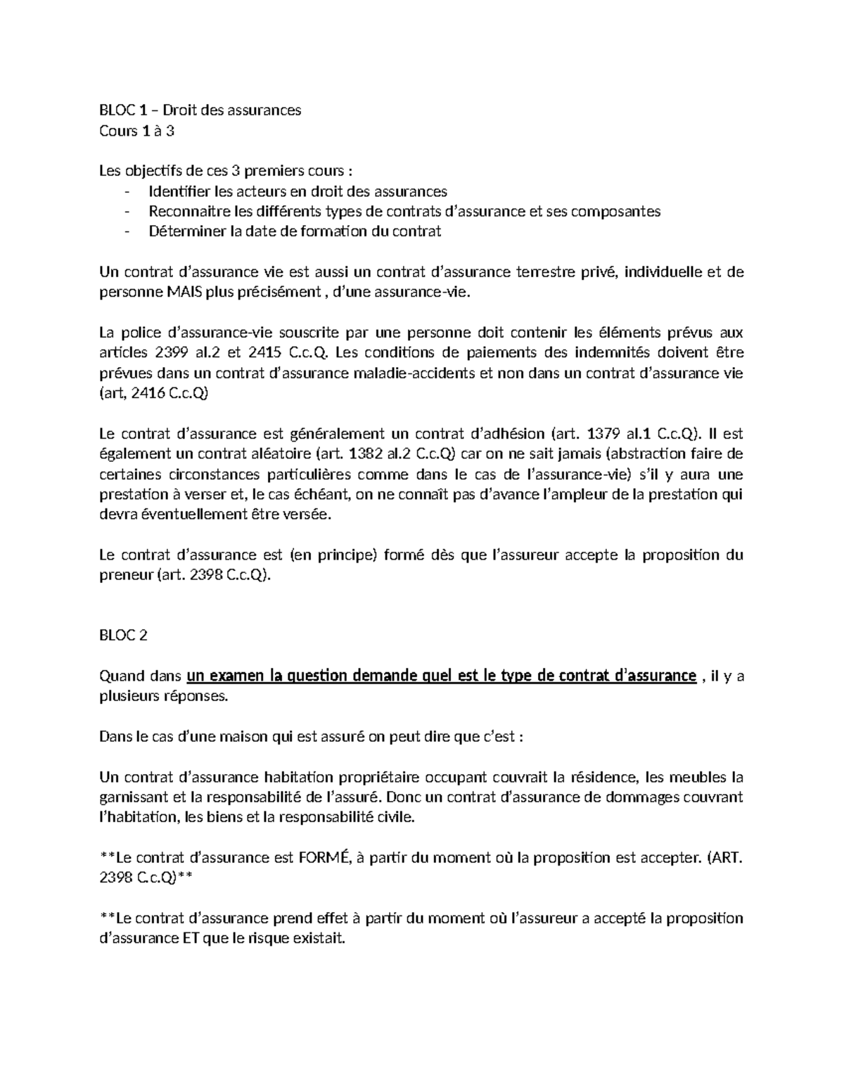 BLOC 1- droit des assurances - BLOC 1 – Droit des assurances Cours 1 à ...
