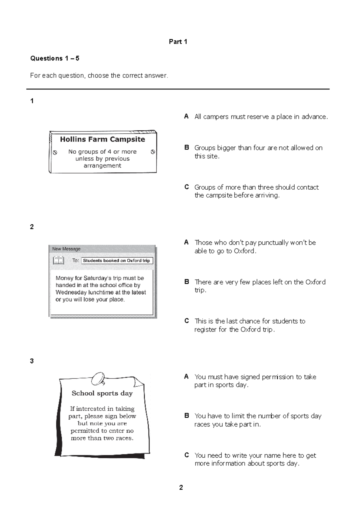 CEFR B1 Reading & Writing Quiz - 2 Part 1 Questions 1 – 5 For each question, choose the correct ...