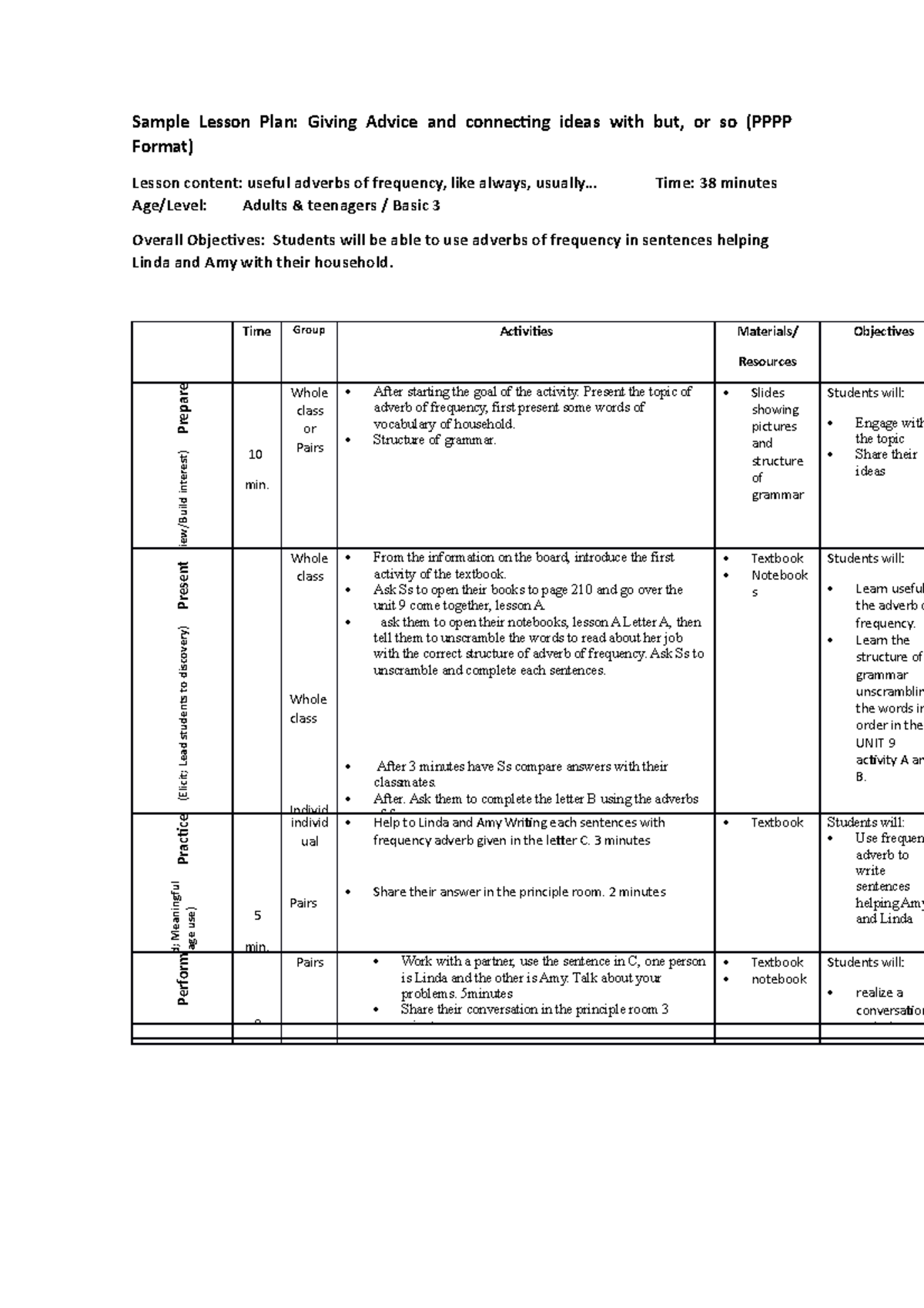 Sample Lesson Plan- Basic 3 - Sample Lesson Plan: Giving Advice and ...