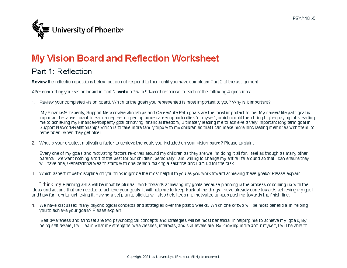 Psy110 v5 wk5 my vision board and reflection worksheet - PSY/110 v My ...