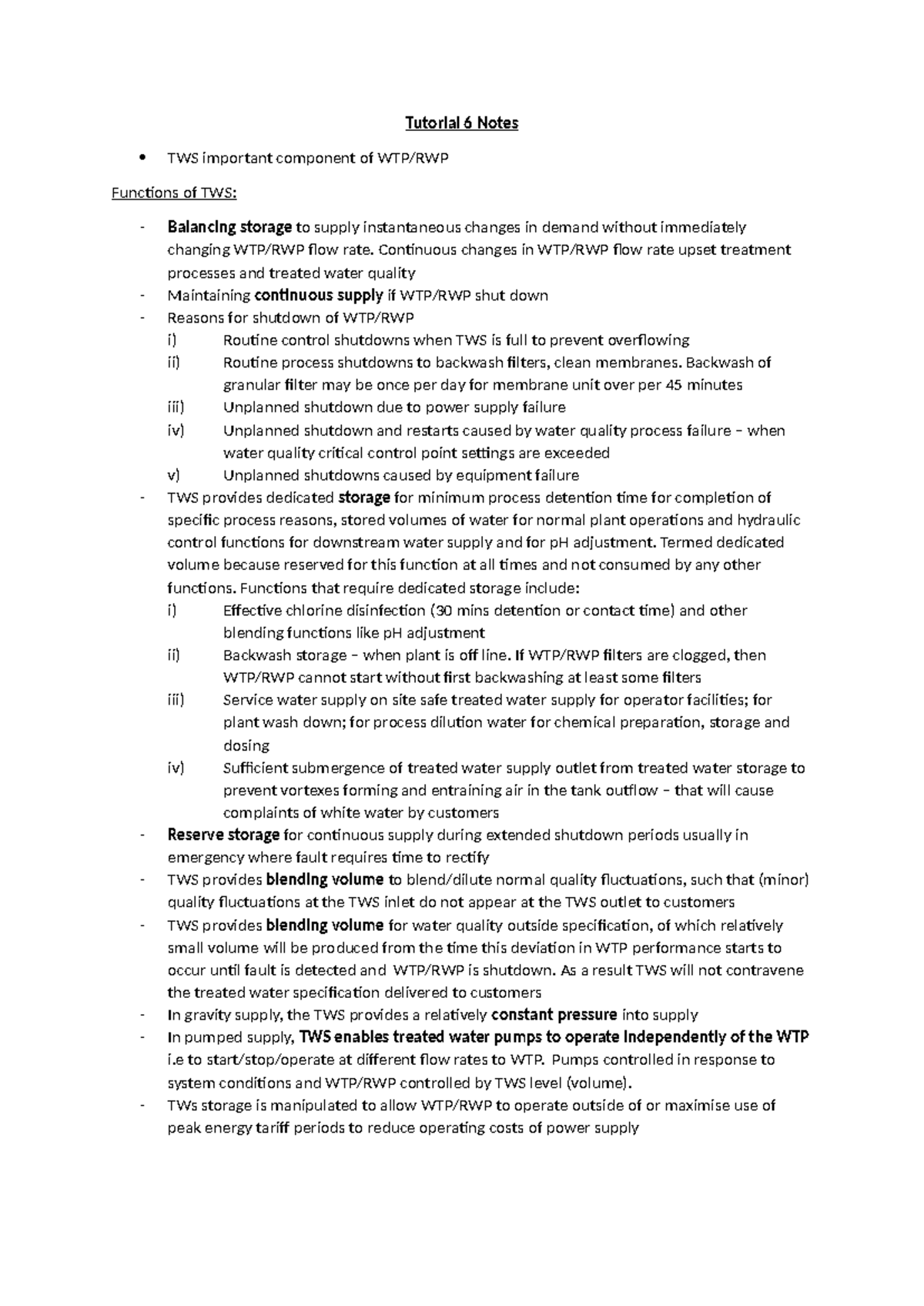 Tutorial 6 Notes - Summary Water and Waste Water Management - Tutorial ...