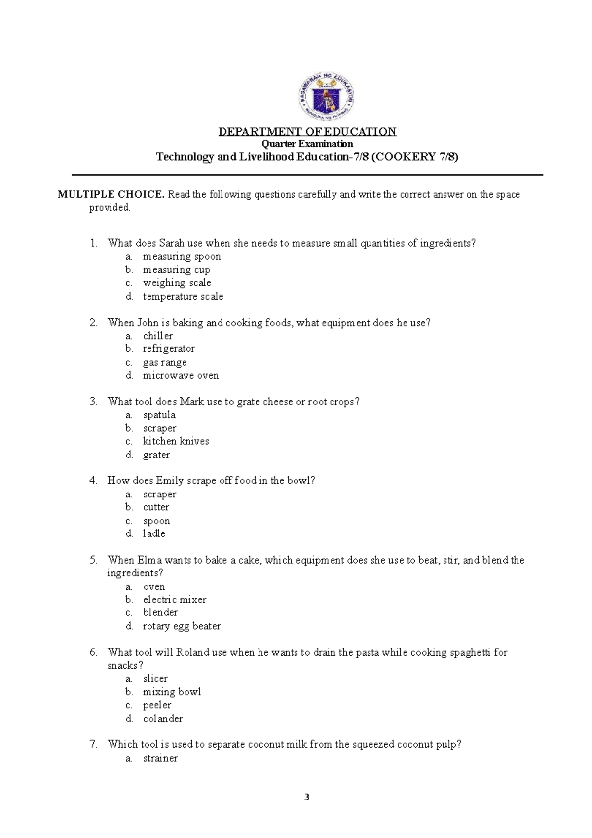 Periodic EXAM WITH TOS Cookery 78 - DEPARTMENT OF EDUCATION Quarter ...