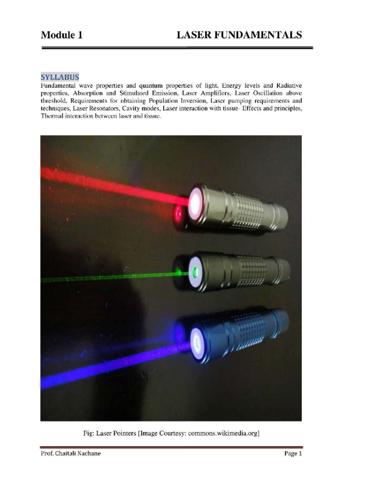 Unit 1 - Laser Fundamentals - SYLLABUS Fundamental wave properties and quantum properties of ...