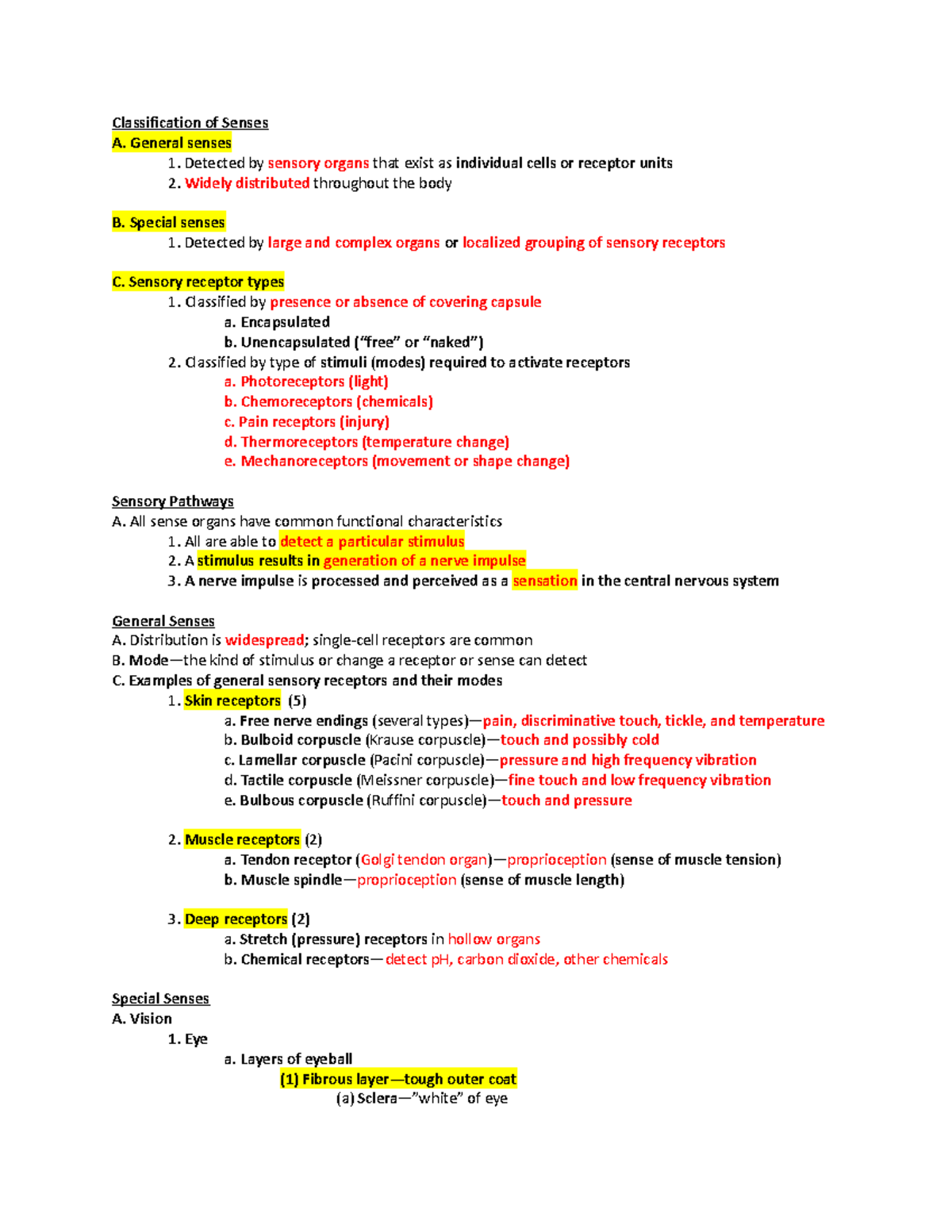 Classification of Senses - General senses 1. Detected by sensory organs ...
