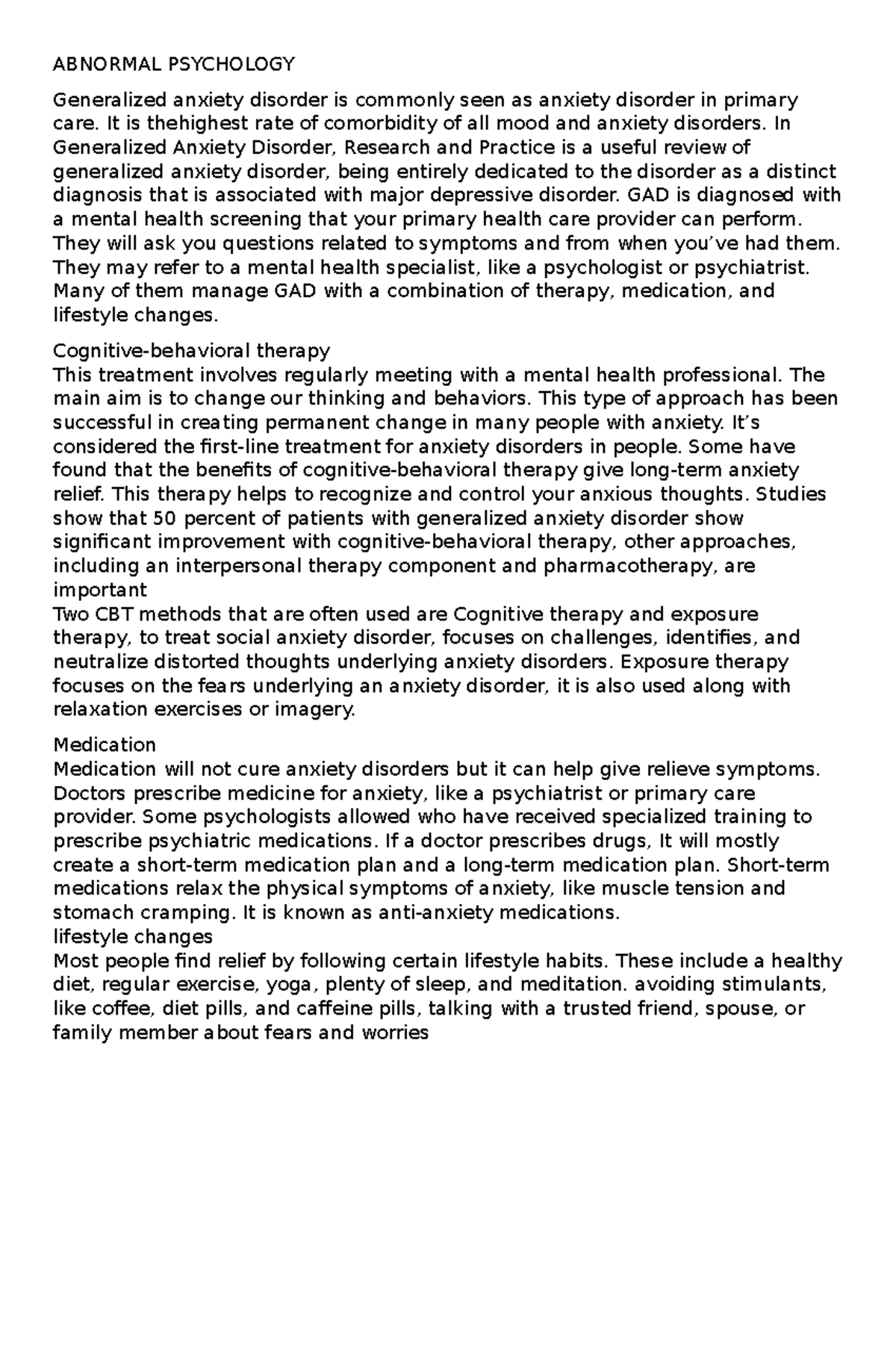 Abnormal psychology - Lecture Notes - ABNORMAL PSYCHOLOGY Generalized ...