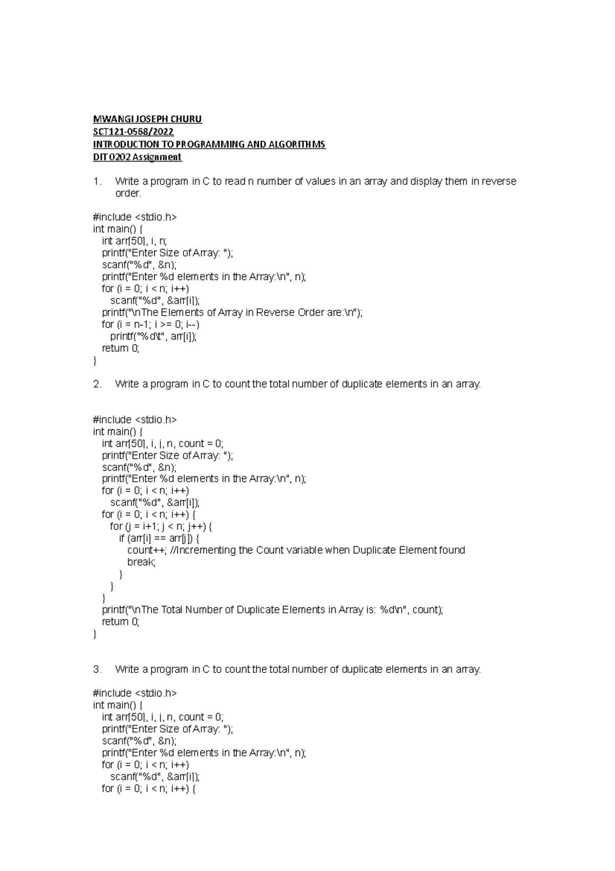 DIT 0202 Assignment Churu - MWANGI JOSEPH CHURU SCT121-0568/ INTRODUCTION TO PROGRAMMING AND ...