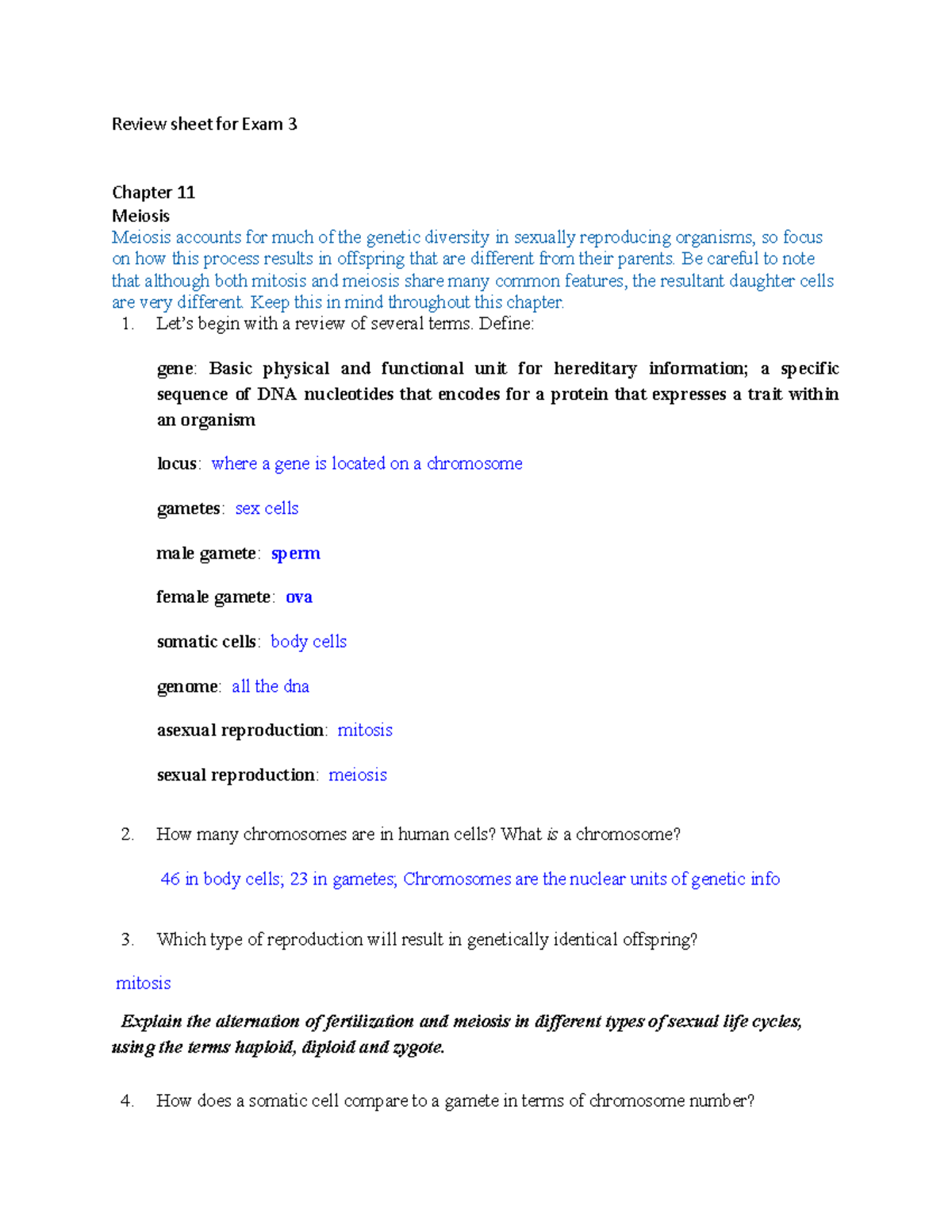 Review sheet for Exam 3 - Be careful to note that although both mitosis ...