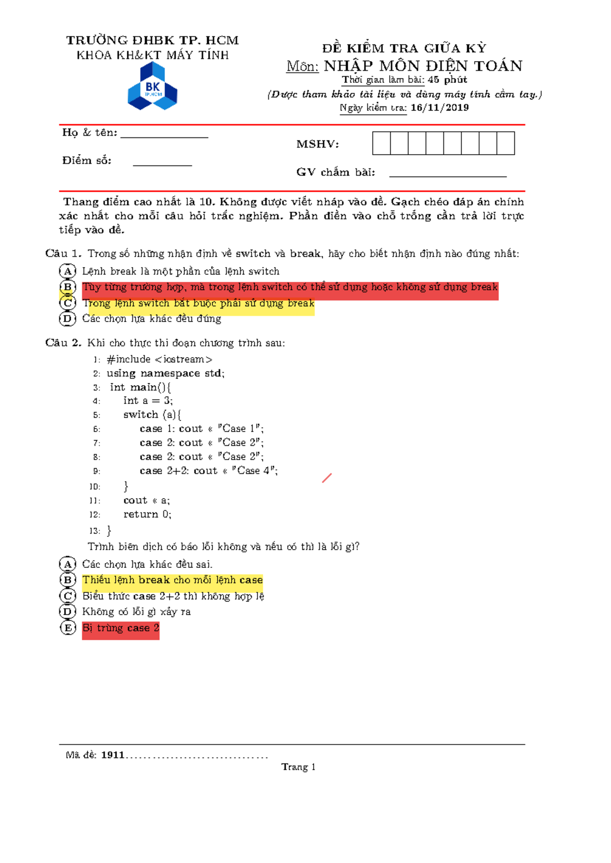 CO1005 - GK - HK191 - Đề thi giữa kỳ NMĐT - TRƯỜNG ĐHBK TP. HCM KHOA KH ...