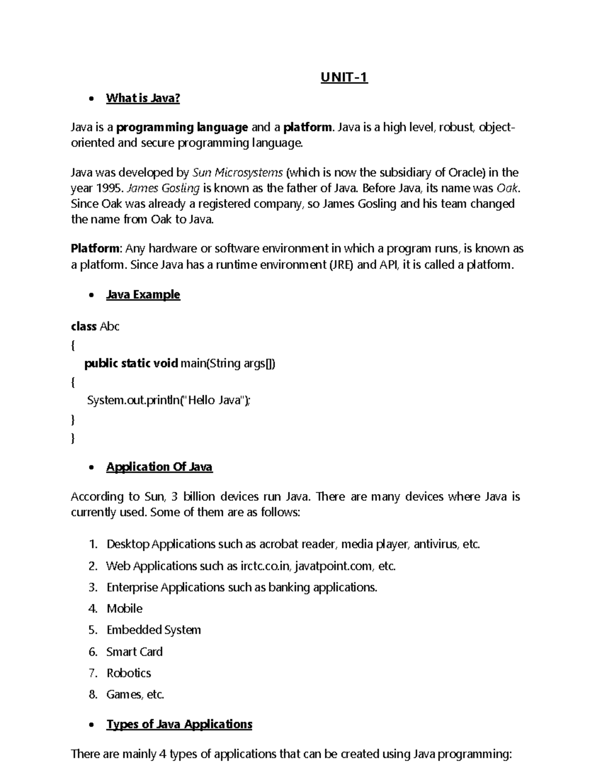 Oops Using Java Notes Unit 1 Unit 1 What Is Java Java Is A
