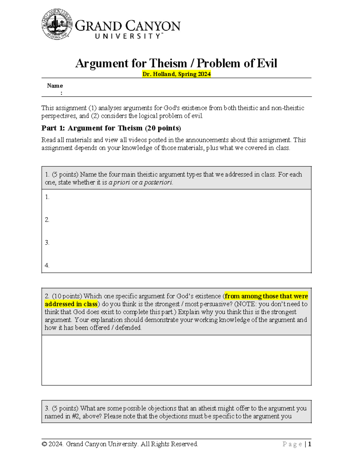 SP24 T3 Argumentfor Theism Problemof Evil Holland - Argument for Theism ...