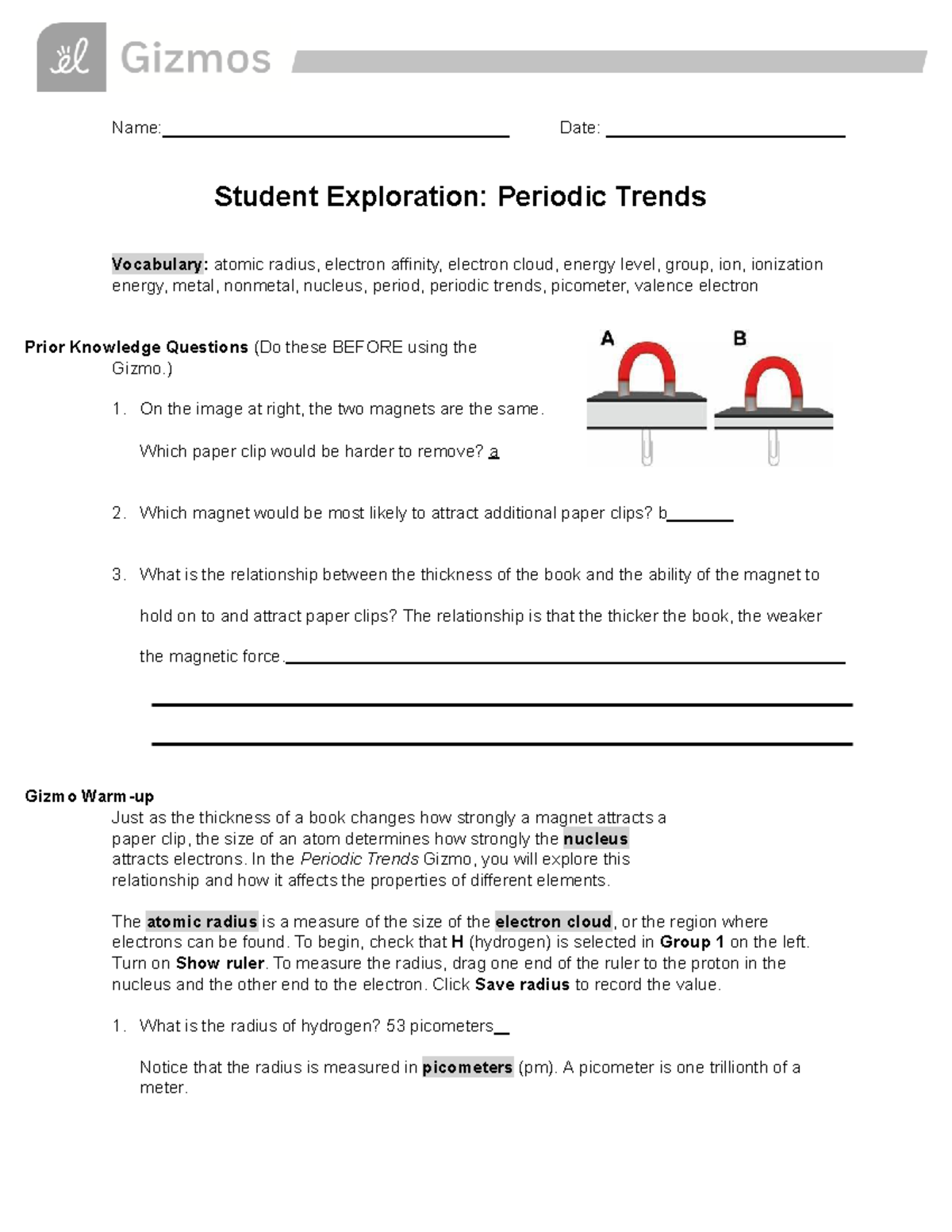 Student Exploration Periodic Trends Gizmo - Name: Date: Student ...