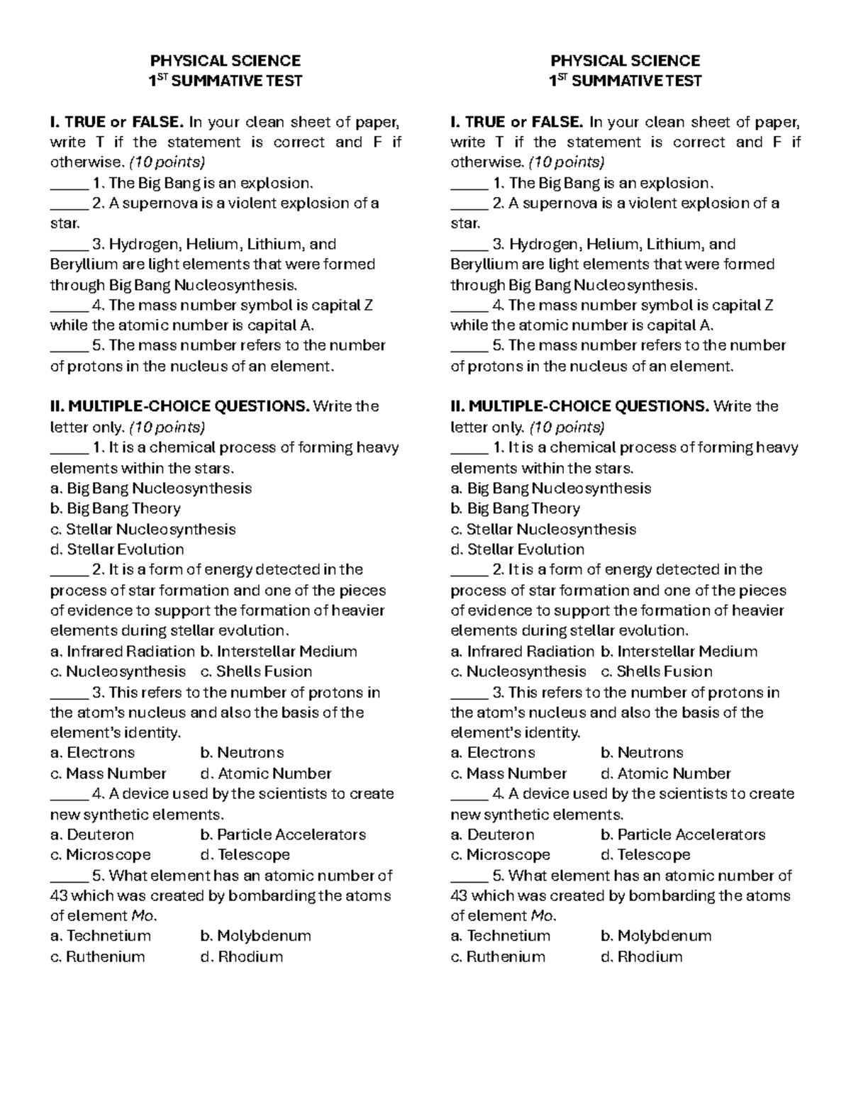 1st Summative Test - practice - PHYSICAL SCIENCE 1 ST SUMMATIVE TEST I ...