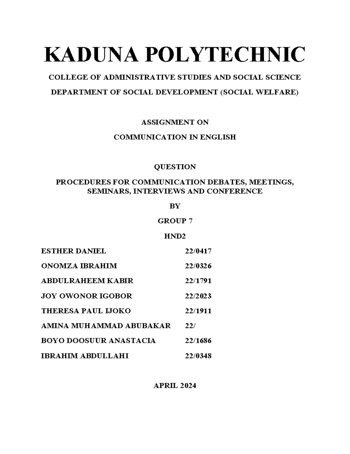 English group 7 - Lecture note for Paragraph - KADUNA POLYTECHNIC COLLEGE OF ADMINISTRATIVE ...