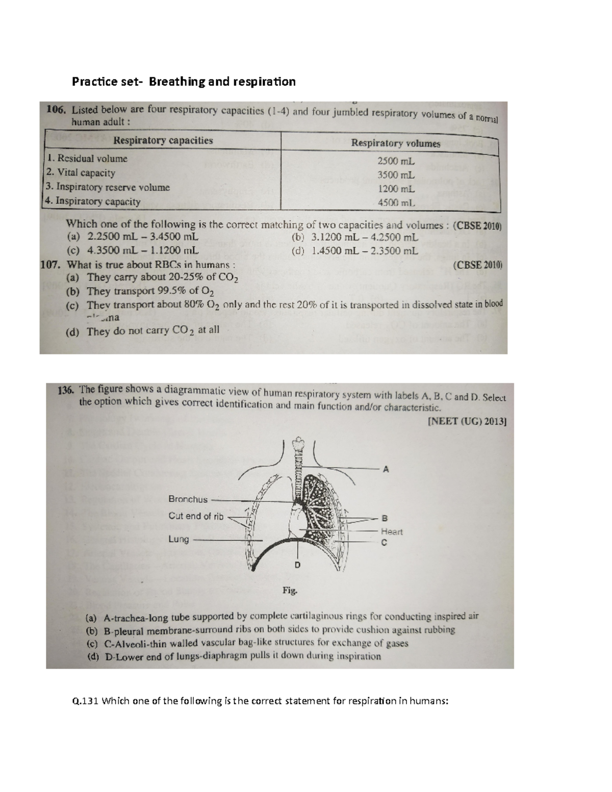Breathing and respiration practice set - Practice set- Breathing and ...