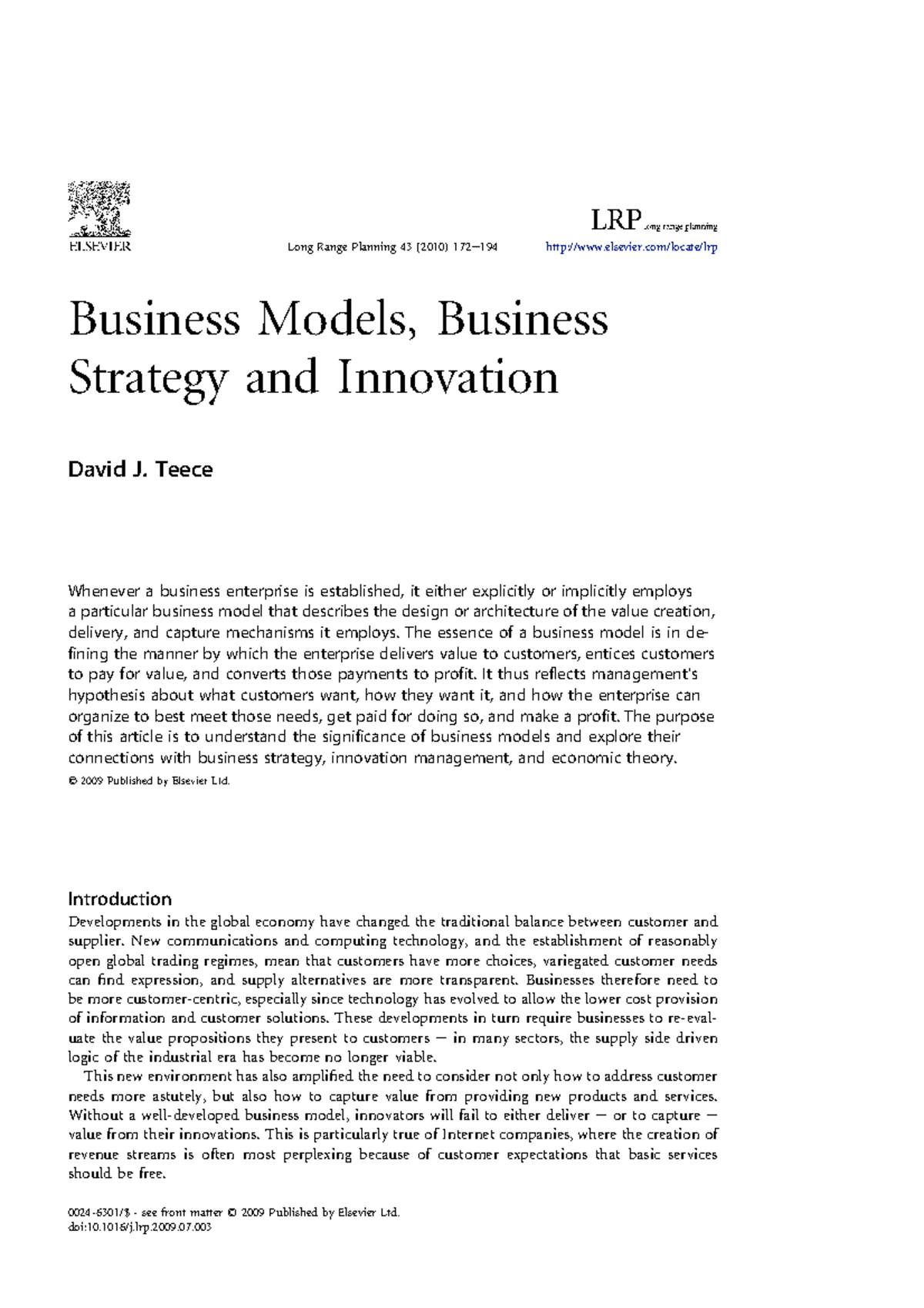 Teece Business Models, Business Strategy and Innovation - Business ...