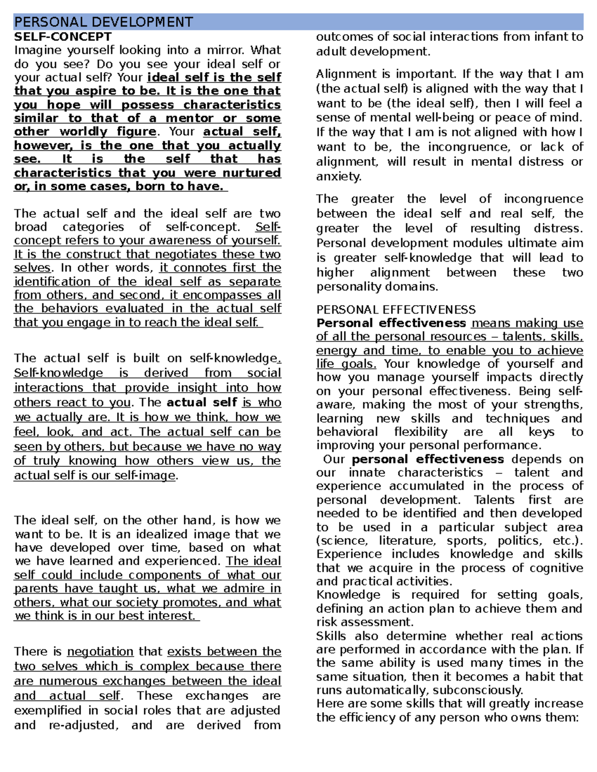 Lectureperdev - lecture - SELF-CONCEPT Imagine yourself looking into a ...