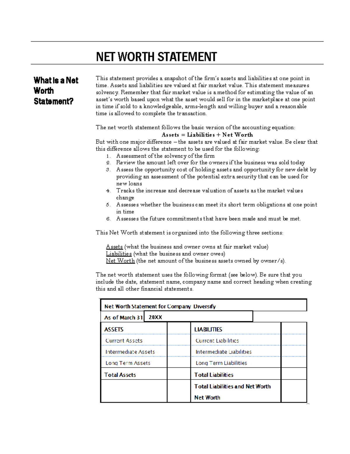 NET Worth Fact Sheets - NET WORTH STATEMENT What is a Net Worth ...