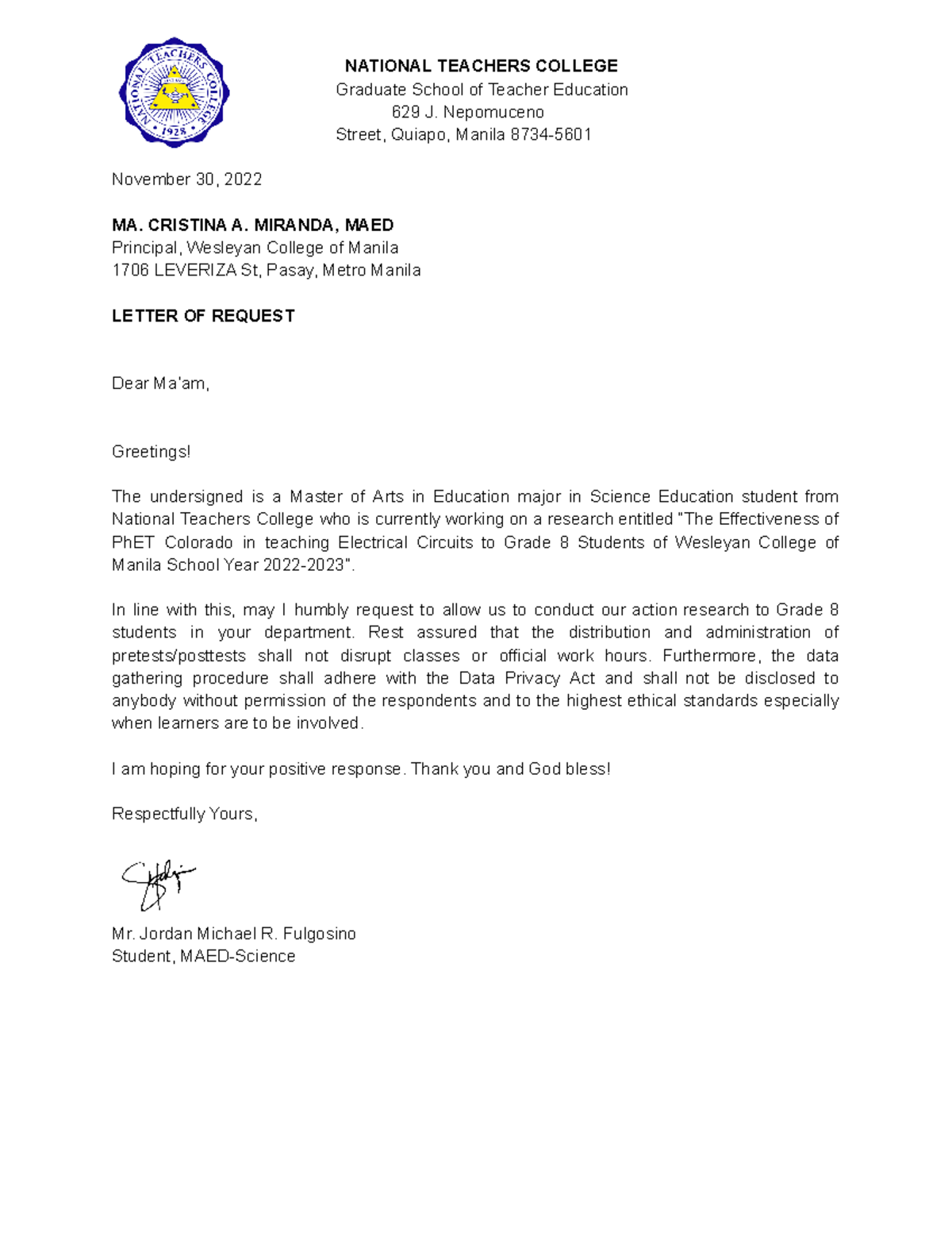 Letter OF Request For Target School - NATIONAL TEACHERS COLLEGE ...