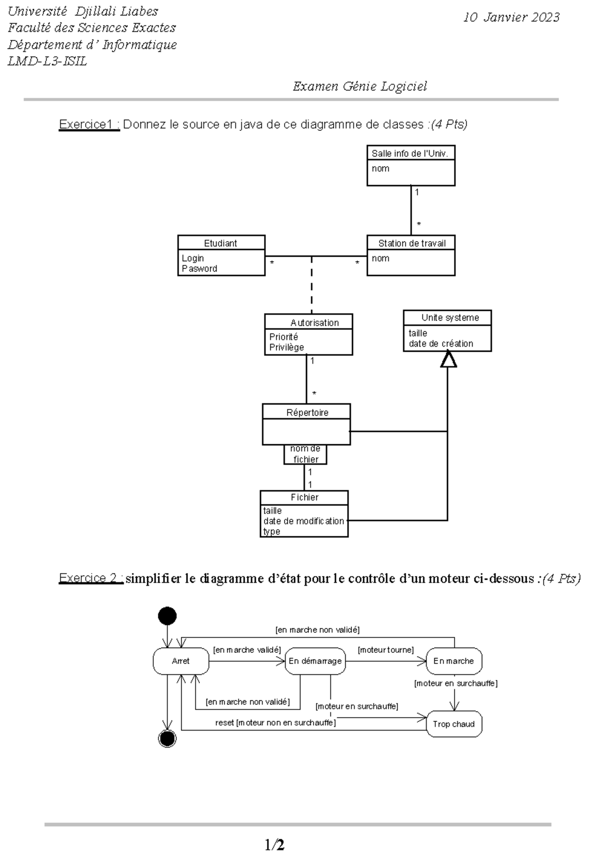 GL Janvier 2023 Corrigé Type - Examen Génie Logiciel Exercice 2 ...