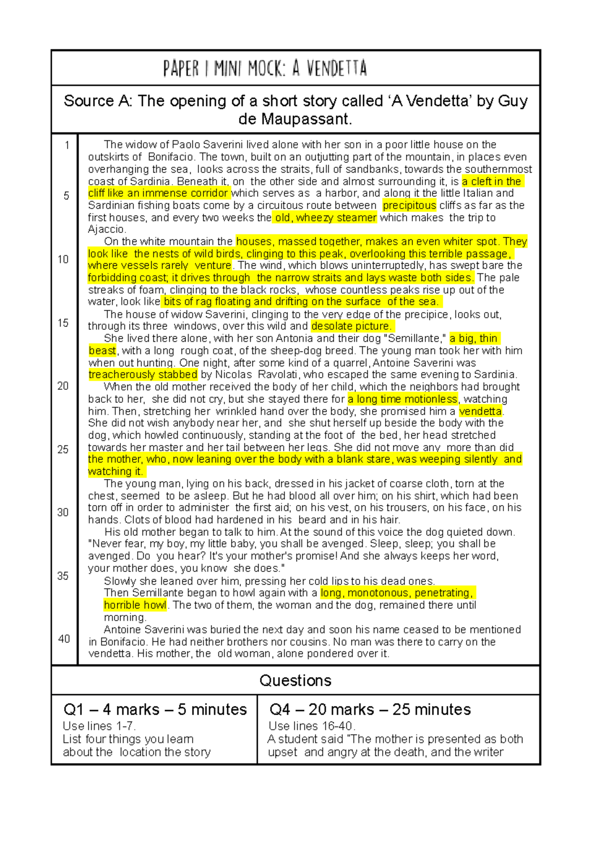 Paper 1 Mini Mock - Source A: The opening of a short story called ‘A ...