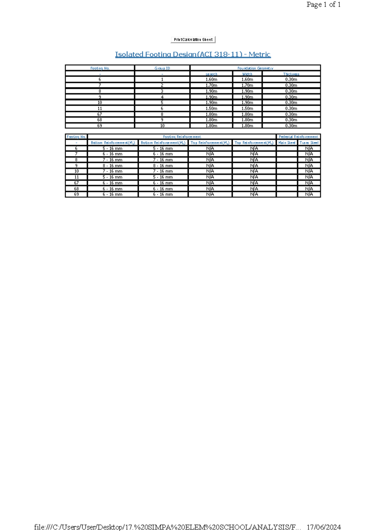 FTG - ftg - Print Calculation Sheet Isolated Footing Design(ACI 318-11 ...