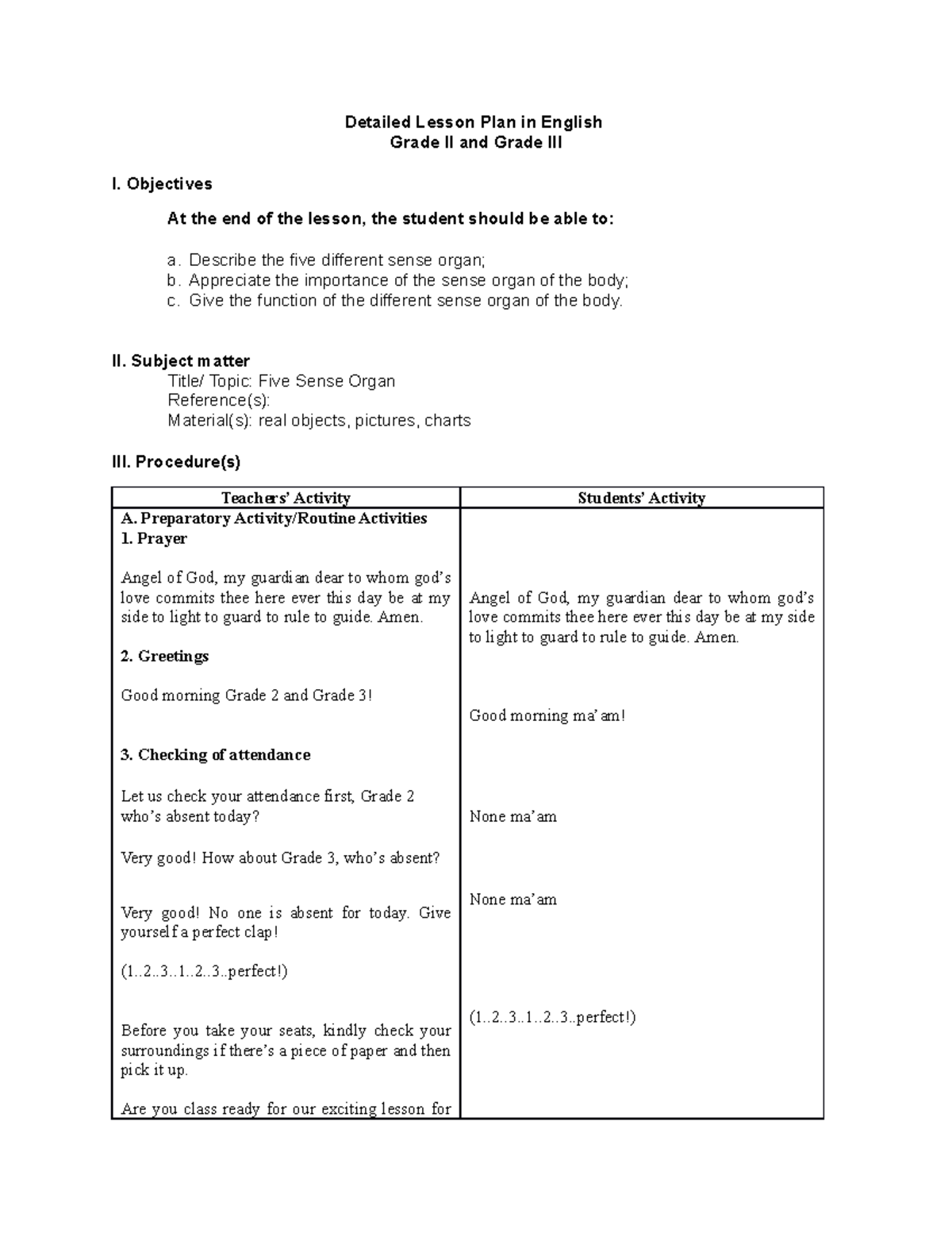 Lesson Plan 5 Senses Five Sense Organ Detailed Lesson Plan In