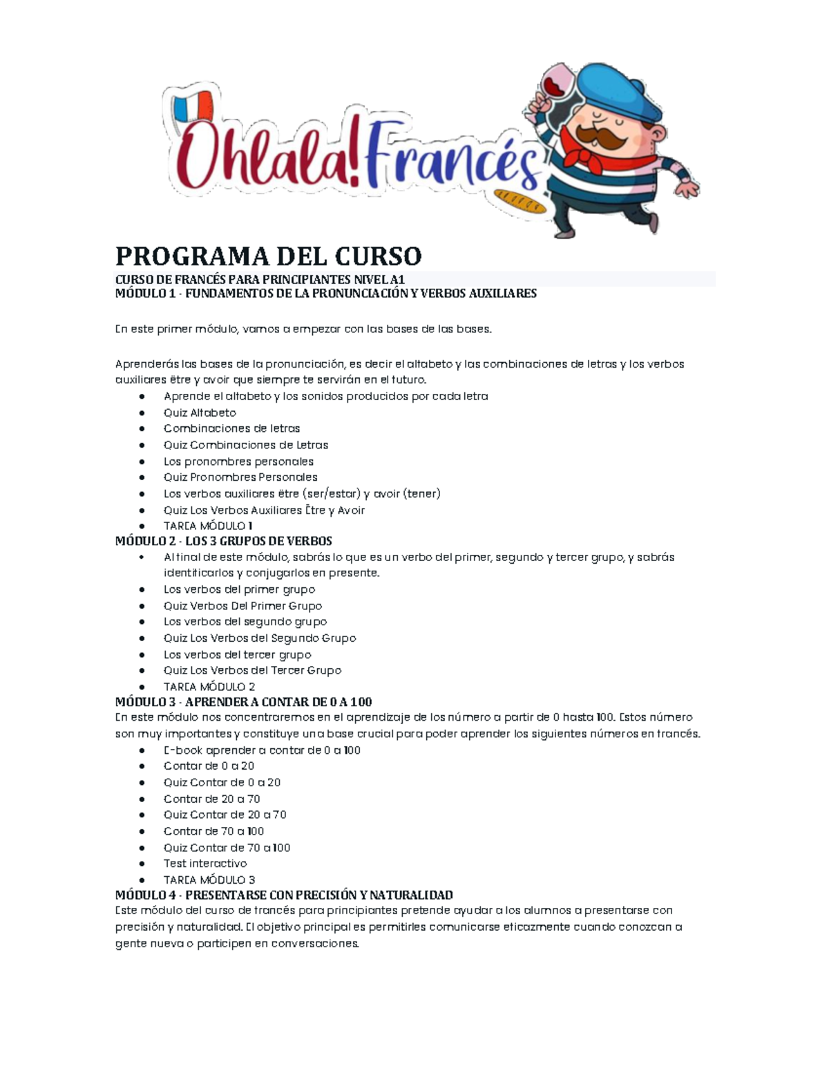 Niveau A1 - apoyo para aprender frances basico - PROGRAMA DEL CURSO CURSO DE FRANCÉS PARA - Studocu
