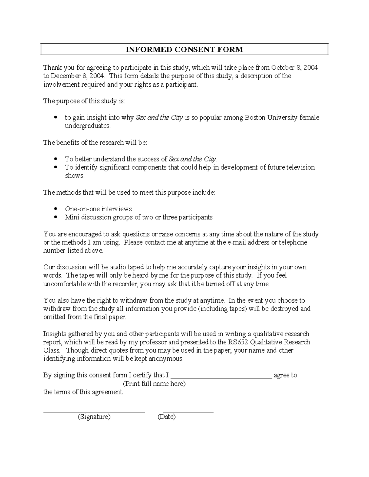 Informed Consent Examples - INFORMED CONSENT FORM Thank you for ...