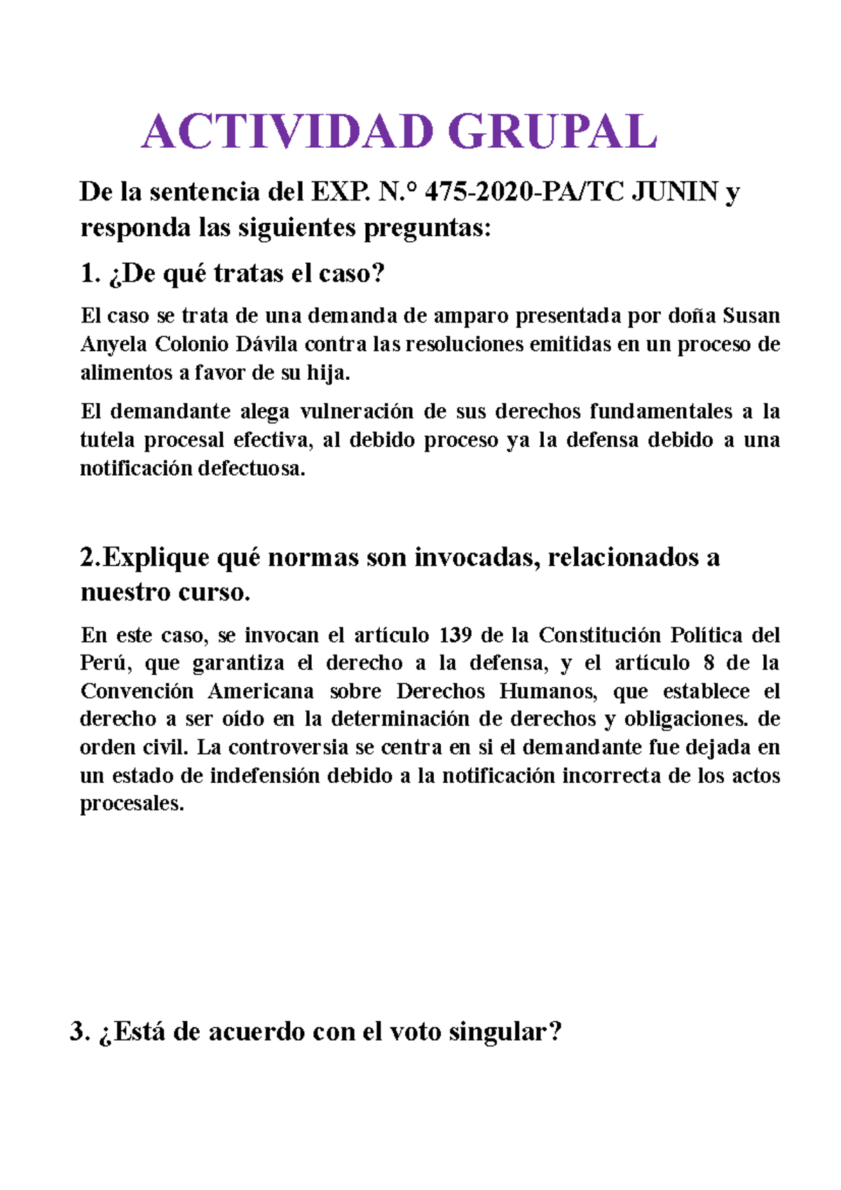 Actividad Grupal s08-2 - ACTIVIDAD GRUPAL De la sentencia del EXP. N.° 475-2020-PA/TC JUNIN y ...