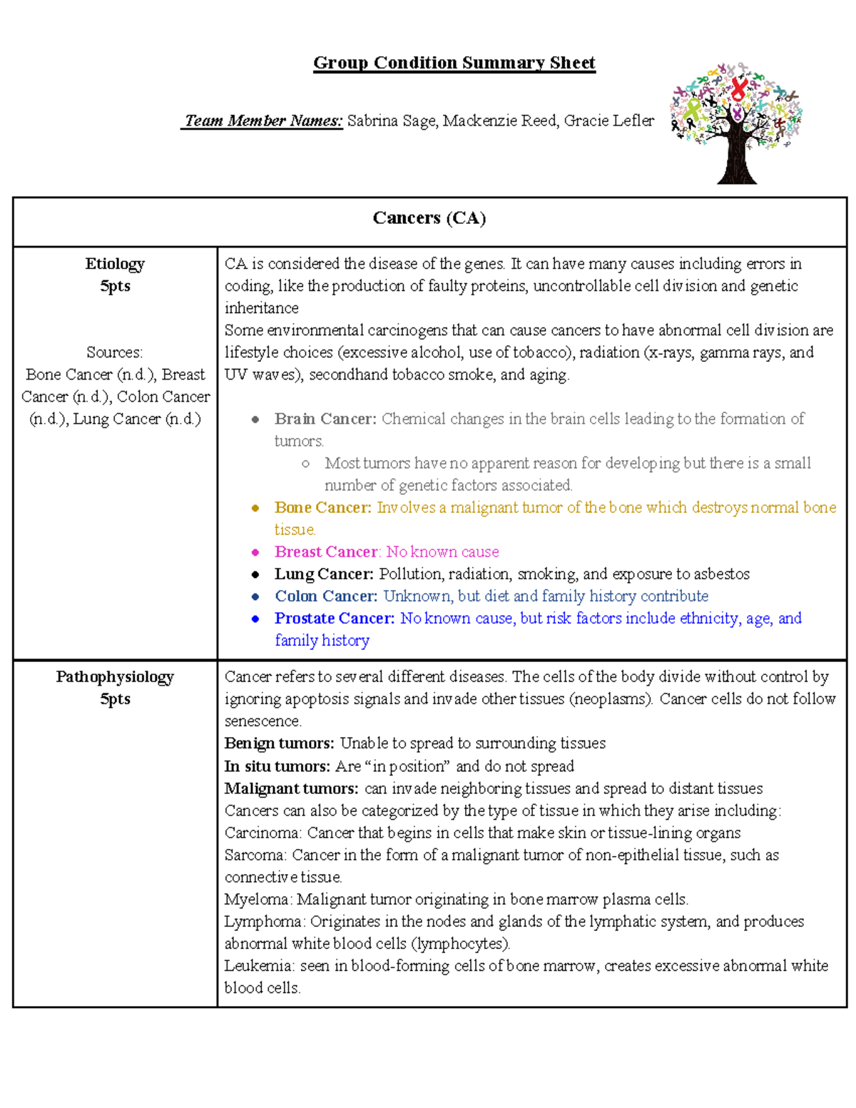 OT 413 Tuesday Summaries - Group Condition Summary Sheet Team Member ...