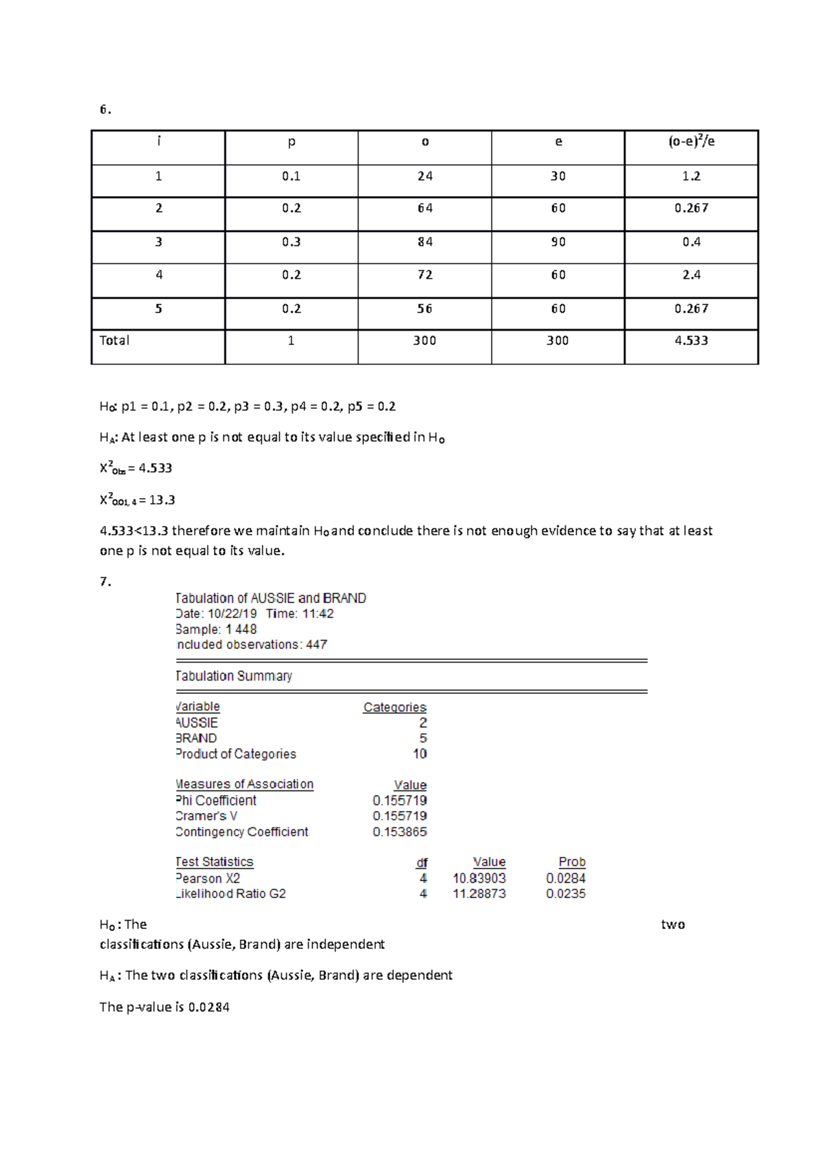 QM2 Week 7 Tutorial - 6. i p o e (o-e) 2 /e 1 0 24 30 1. 2 0 64 60 0. 3 ...