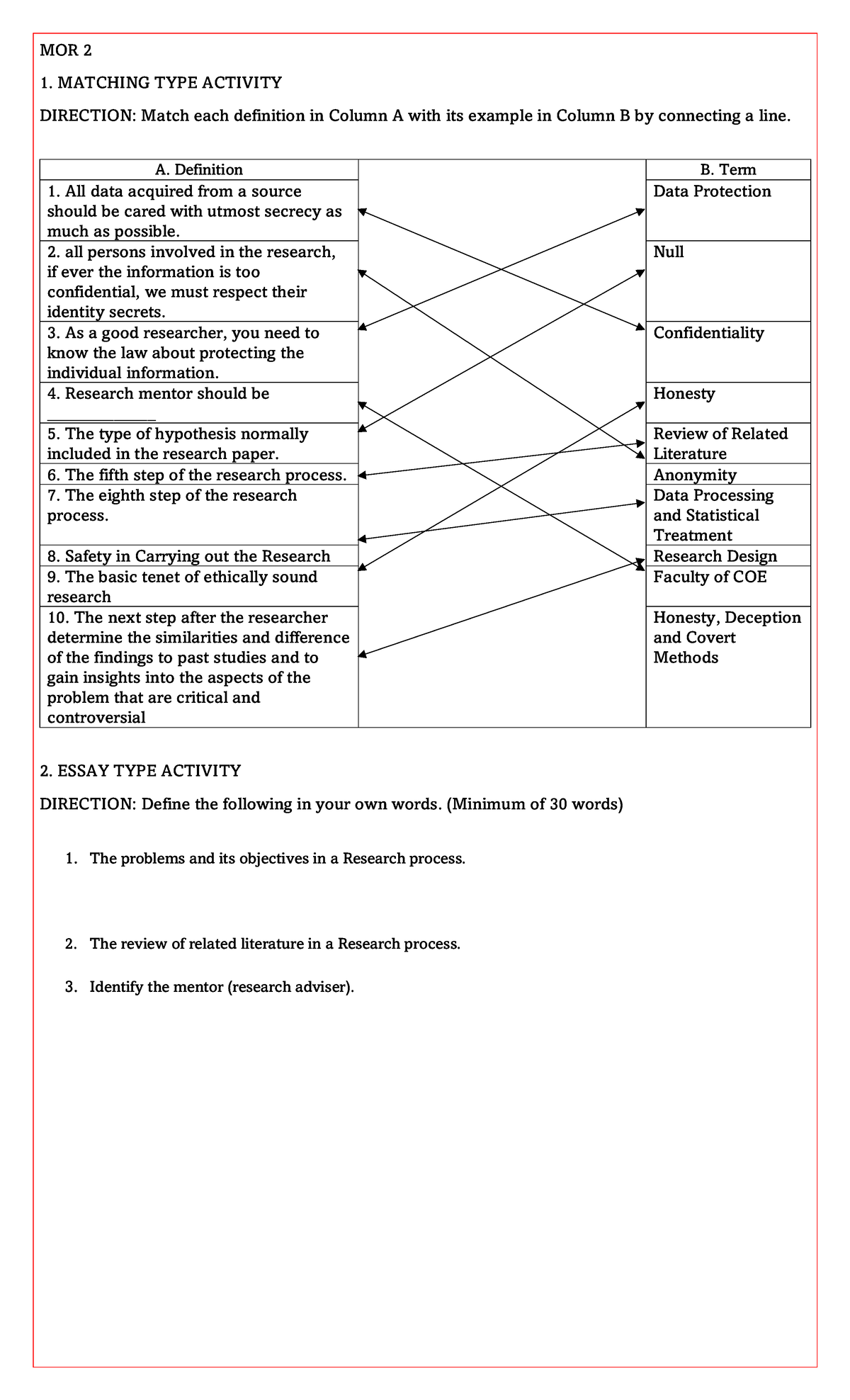 MOR 2 - methods of research - MOR 2 1. MATCHING TYPE ACTIVITY DIRECTION: Match each definition ...