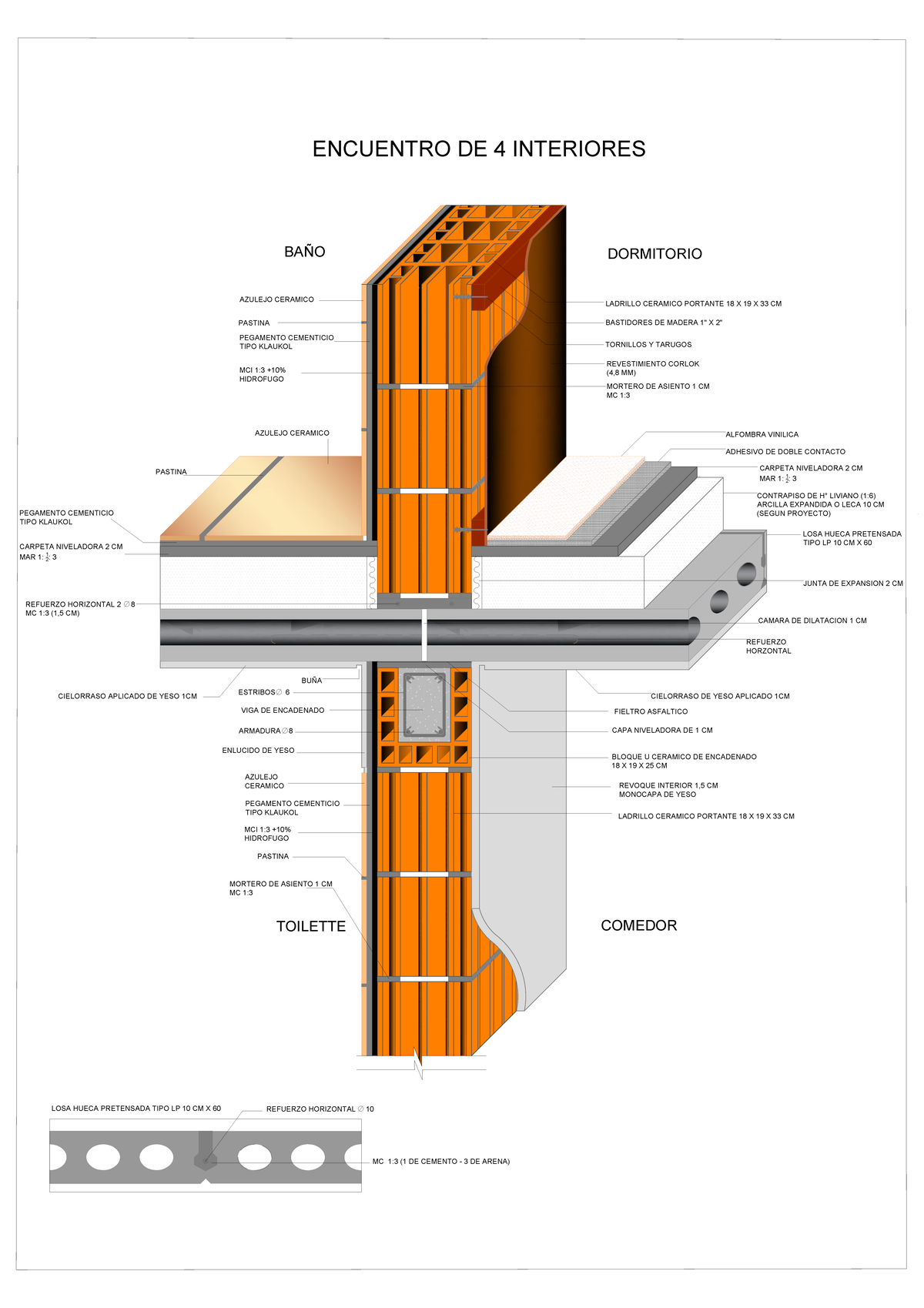 Detalle Constructivo de 4 interiores - LADRILLO CERAMICO PORTANTE 18 X 19 X 33 CM VIGA DE ...
