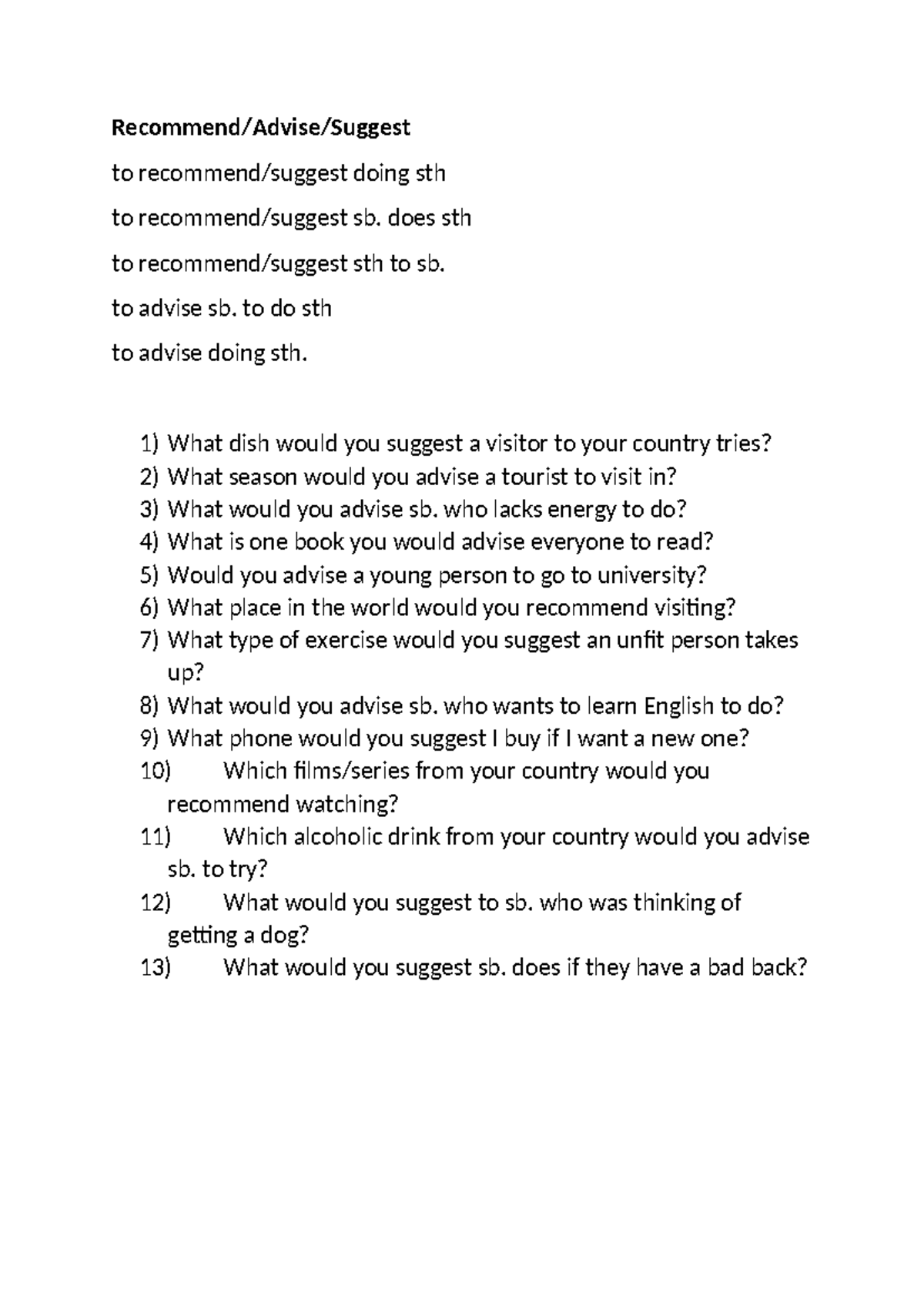 Recommend - lecture notes english - Recommend/Advise/Suggest to ...