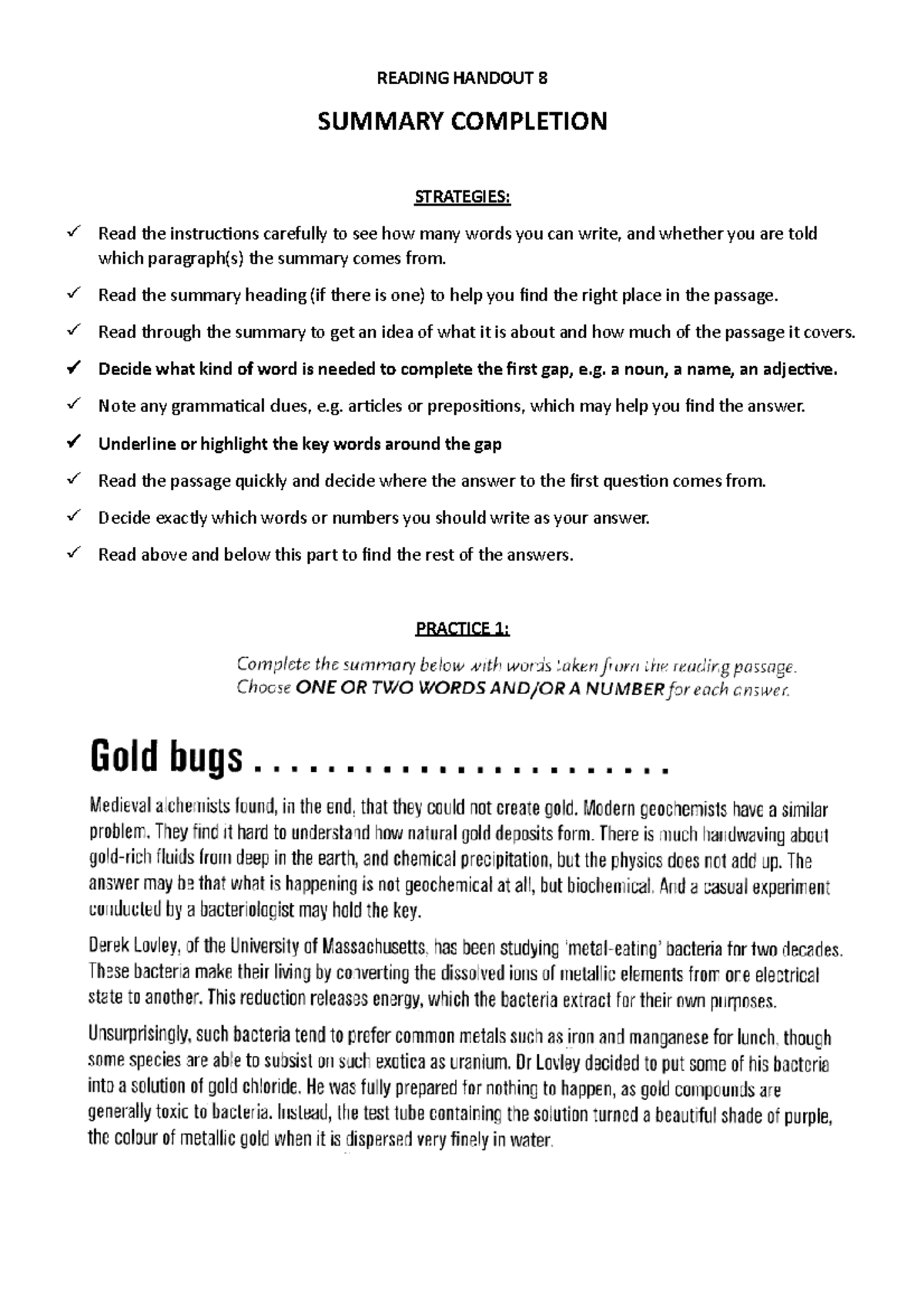 Reading Handout 8 IELTS IE2 for students - English - Studocu
