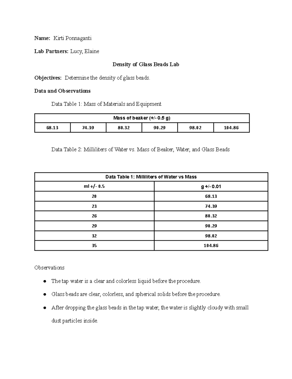 Density Lab - Example Report - Name: Kirti Ponnaganti Lab Partners ...