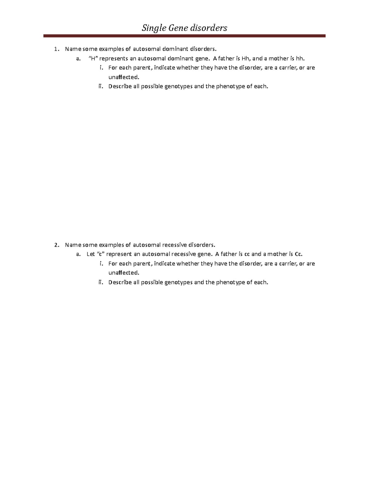 Single gene disorders worksheet with punnett squares - Single Gene ...
