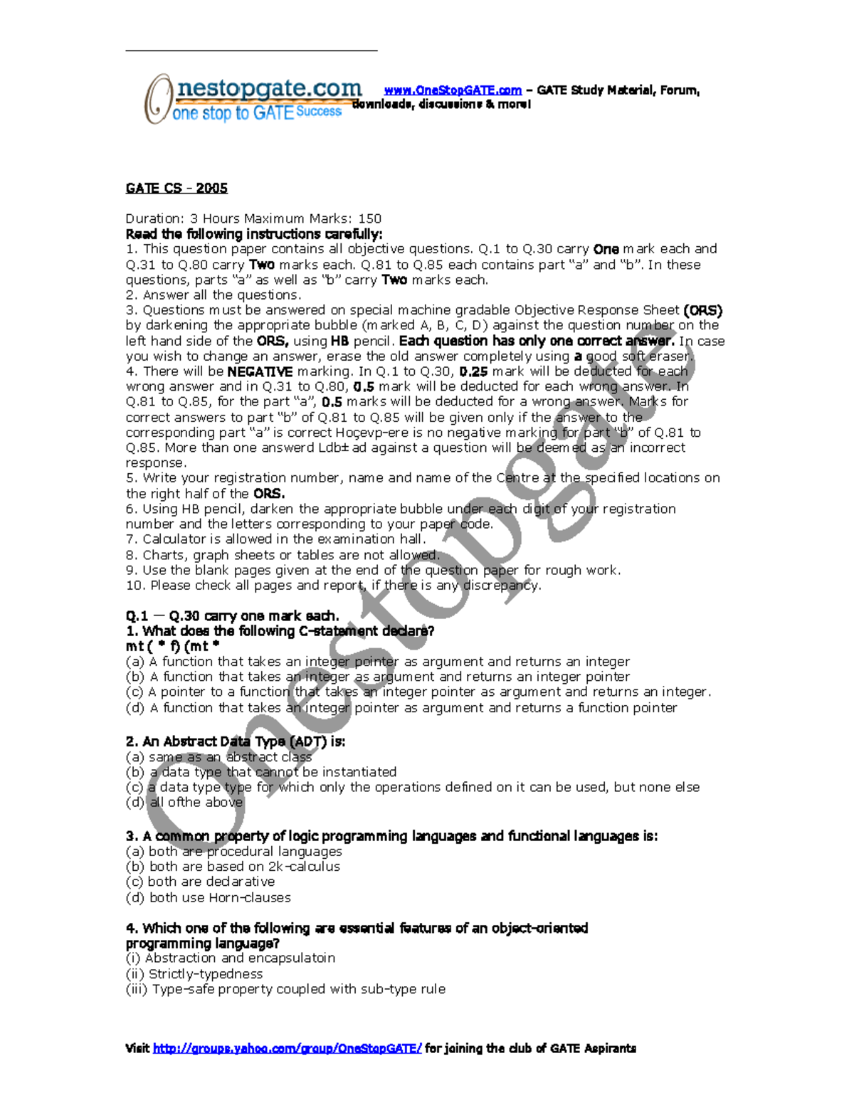 GATE 2005 - Computer Science Assignment - downloads, discussions & more ...