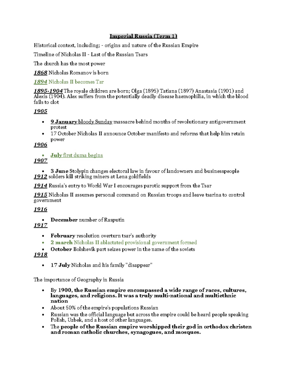 Modern History - notes - Imperial Russia (Term 1) Historical context ...