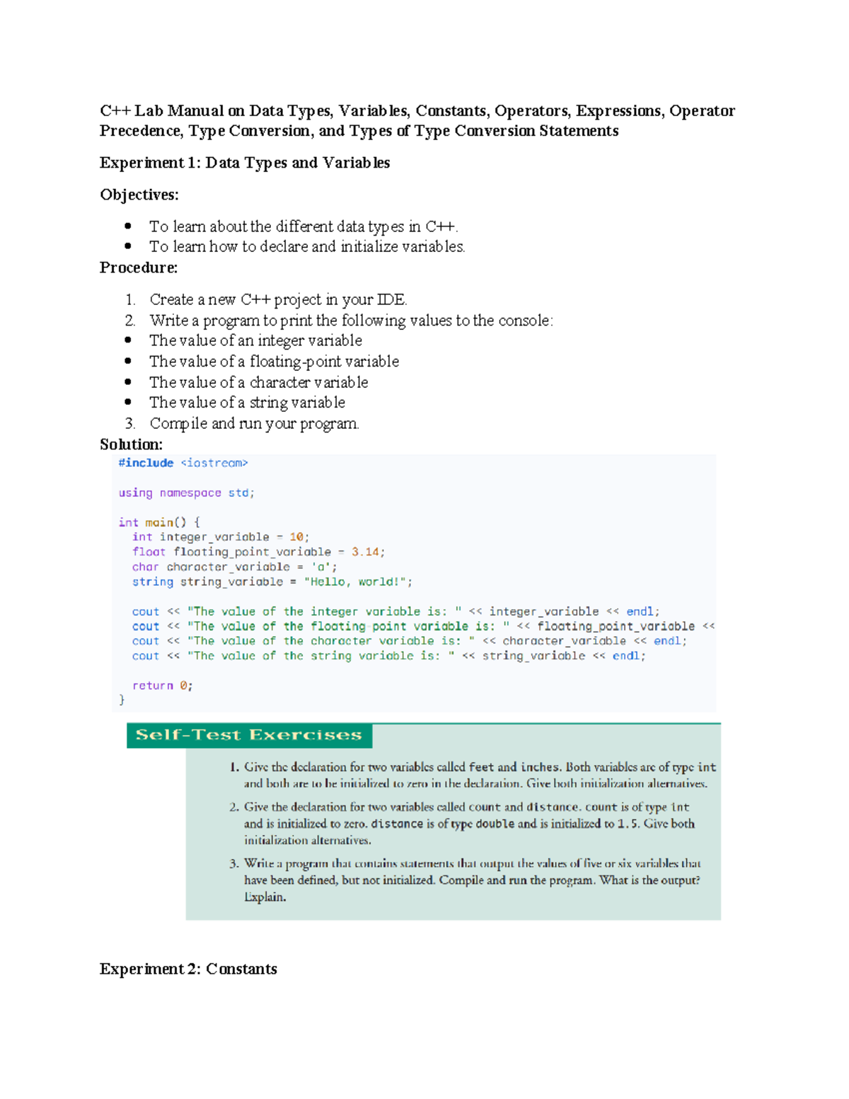 C++ Lab2 - best - C++ Lab Manual on Data Types, Variables, Constants, Operators, Expressions ...